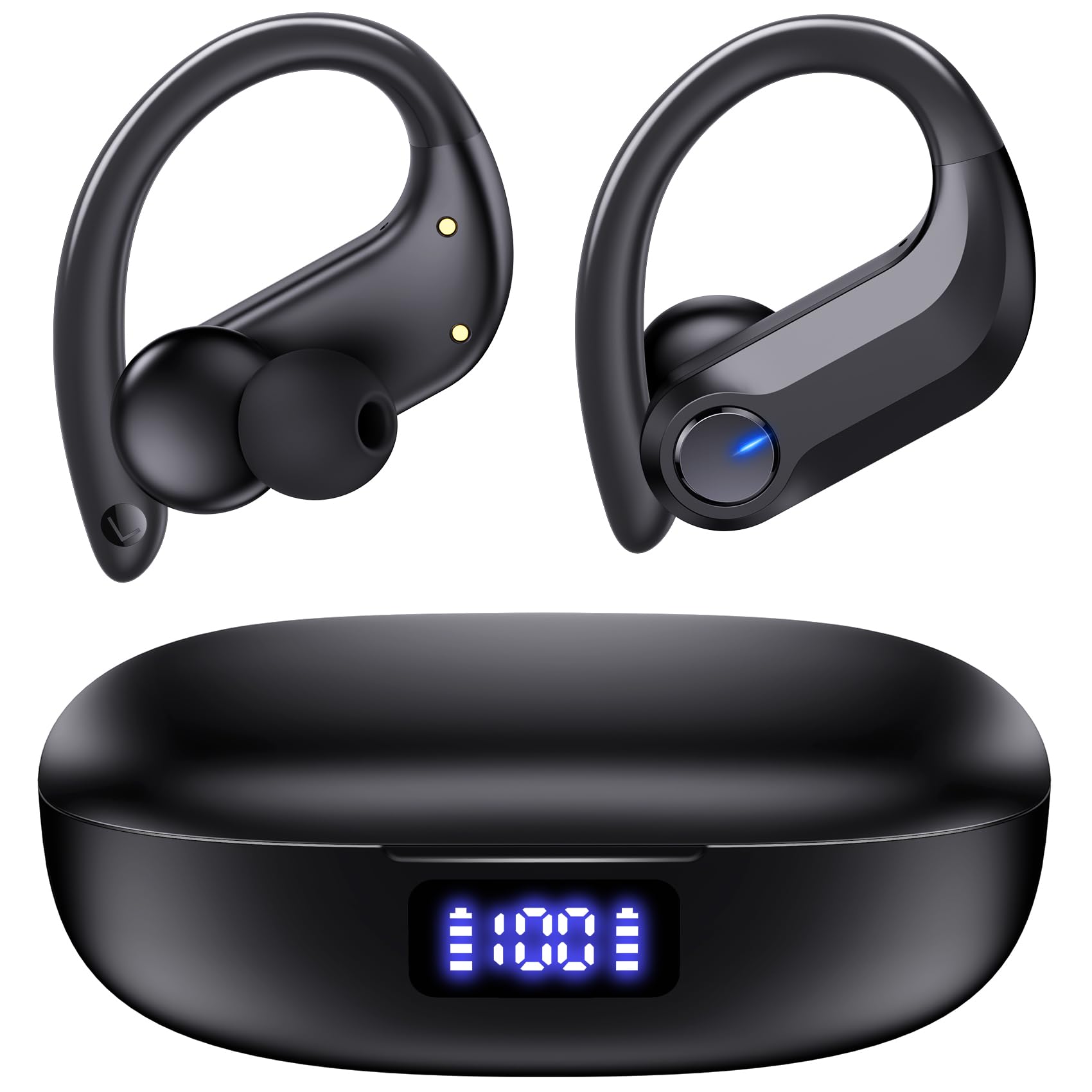 FOYCOY Bluetooth Headphones Wireless Earbuds 120H Playtime Ear Buds IPX7 Waterproof Sports Earphones 2600mAh Wireless Charging Case Headset with Earhooks LED Power Display Mics for Workout CAP0X0