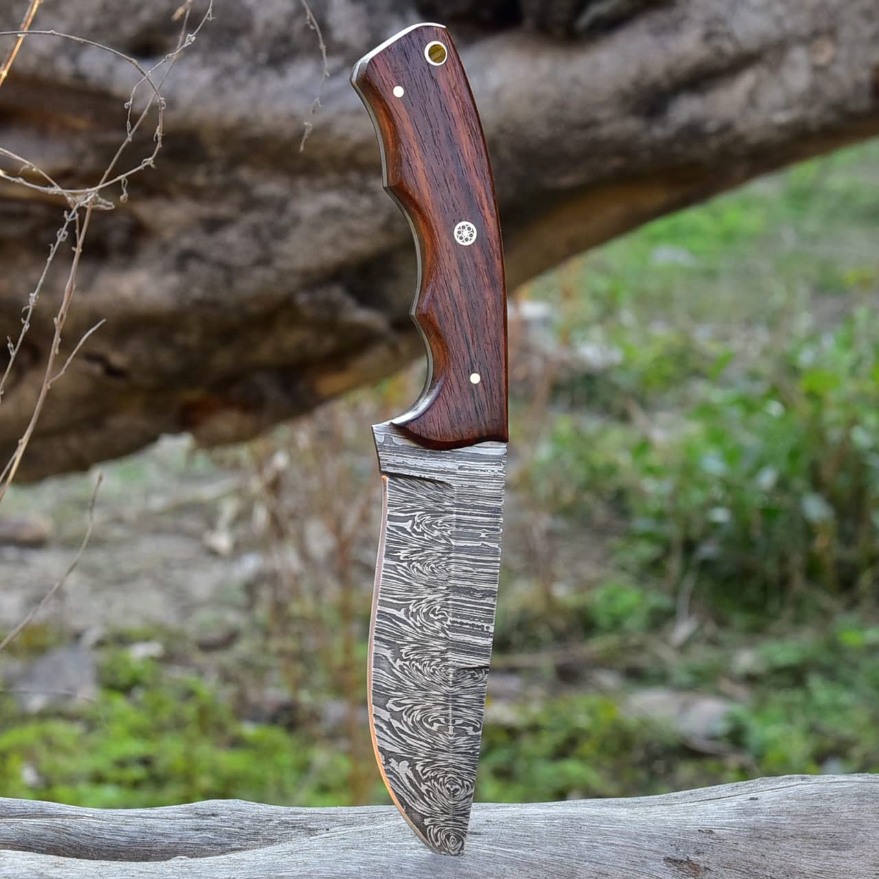 Grace Knives Hunting Knife Damascus Steel 9.25 Inches Fixed Blade Knife with Leather Sheath G-1086 (Rose Wood)