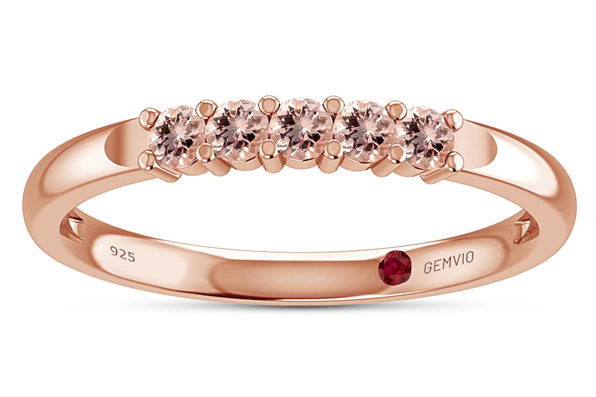GEMVIO Collection Five Stone Ring, Round Cut Natural Morganite Gemstone Engagement Ring in 14K Rose Gold Over Sterling Silver Anniversary Wedding Band Ring(0.15 Cttw)-5.5