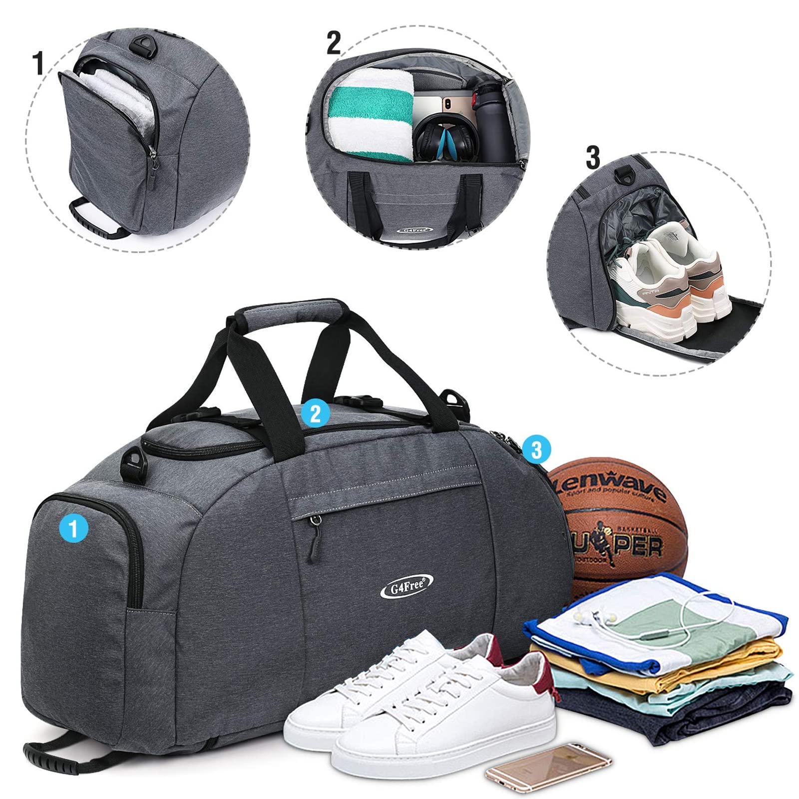 G4Free 40L 3-Way Duffle Backpack Gym Bag for Men Women Sports Duffel Bag with Shoe Compartment Travel Backpack Luggage (Upgraded Gray)