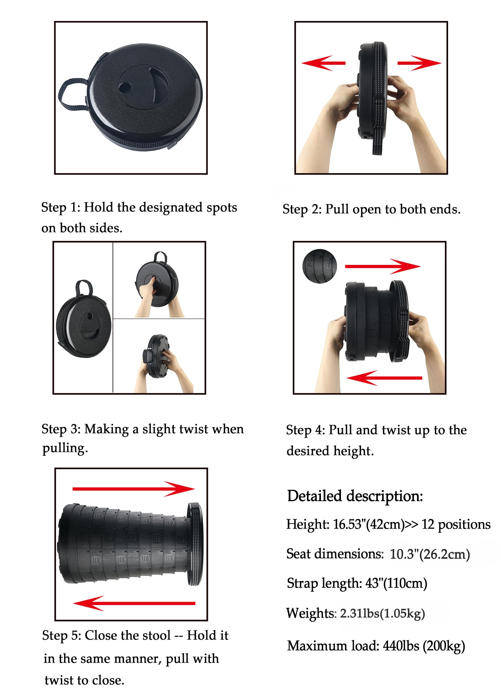 GaiGaiMall Portable Telescoping Stool Folding Camping Stool Seat for Fishing Hiking Traveling Outdoor Activities