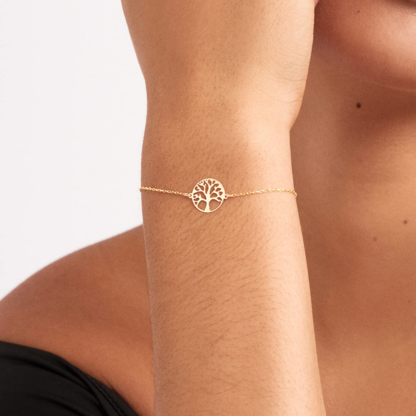 GELIN 14k Solid Gold Tree of Life Family Bracelet Adjustable Bracelet for Women