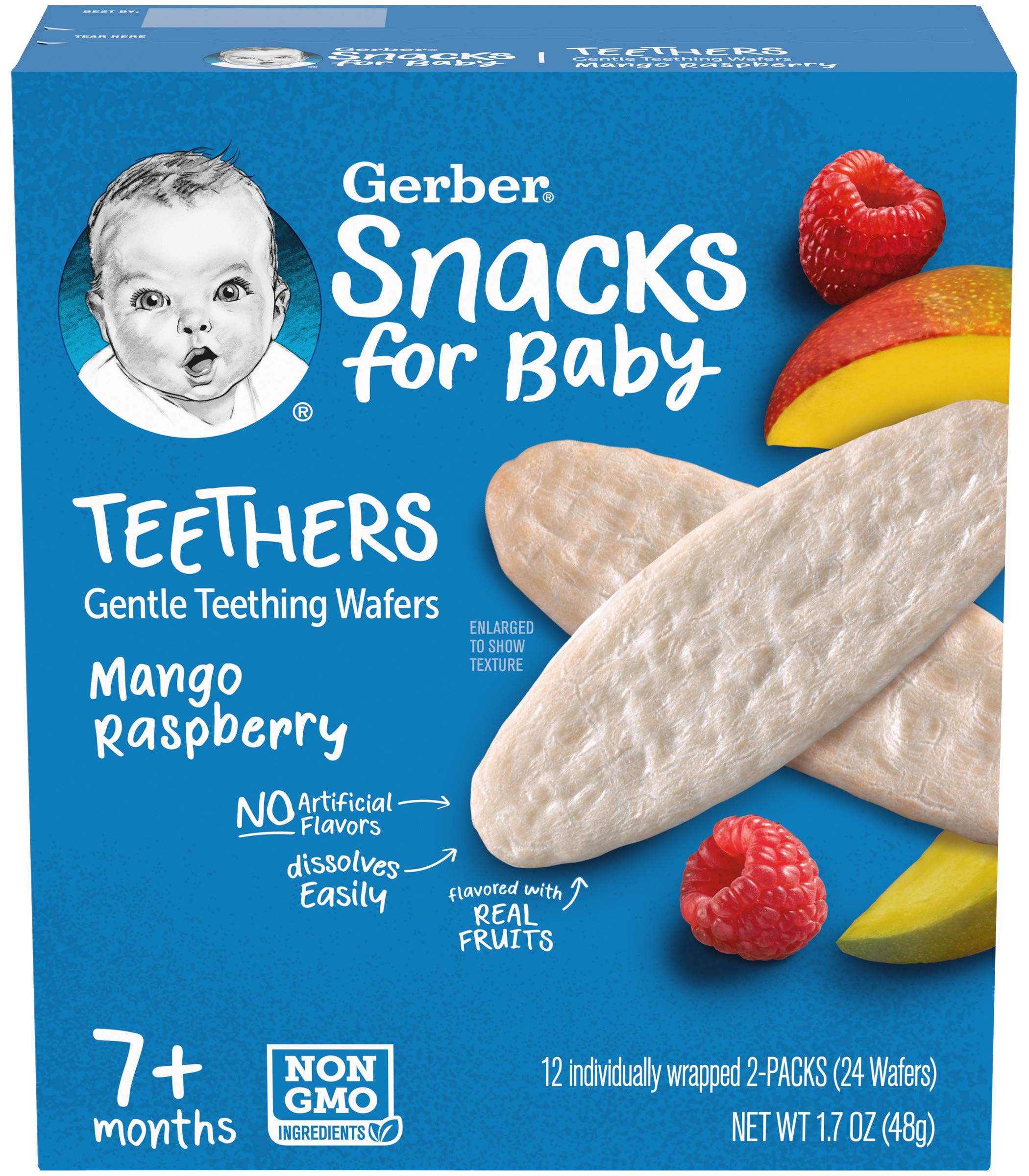 Gerber Snack for Baby Teethers, Mango Raspberry, Gentle Teething Wafers Flavored with Real Fruits, 12 Individually Wrapped 2-Packs (24 Wafers/Box) (Pack of 2 Boxes)