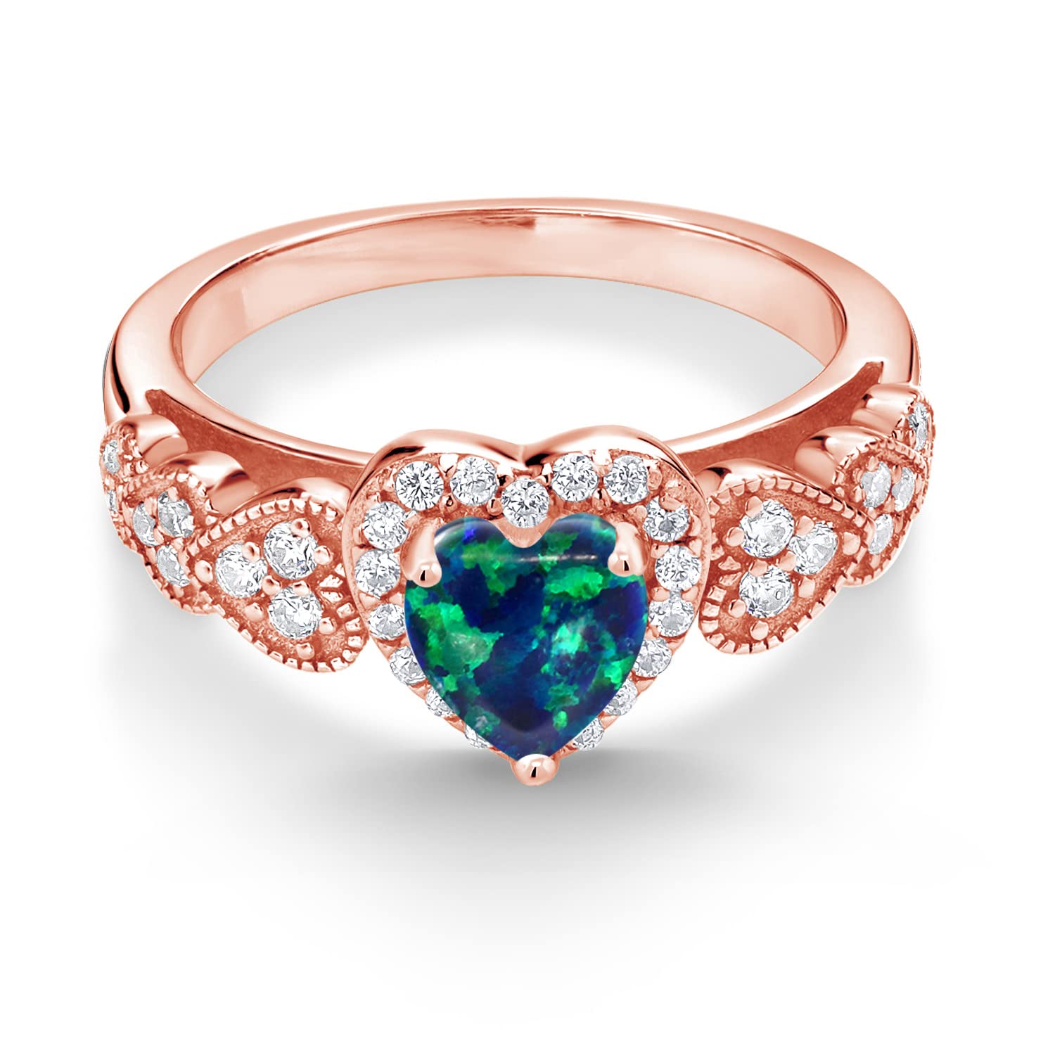 Gem Stone King 18K Rose Gold Plated Silver Ring Heart Shape Simulated Opal and Moissanite (0.93 Cttw) (Size 7)