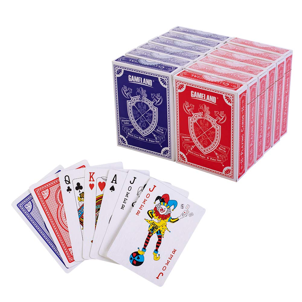 GAMELAND 12 Decks (6 Red/6 Blue) Premium Playing Cards Set - Plastic-Coated, Poker Size, Standard Index, for Blackjack, Euchre, Canasta, Pinochle Card Game, Casino Grade