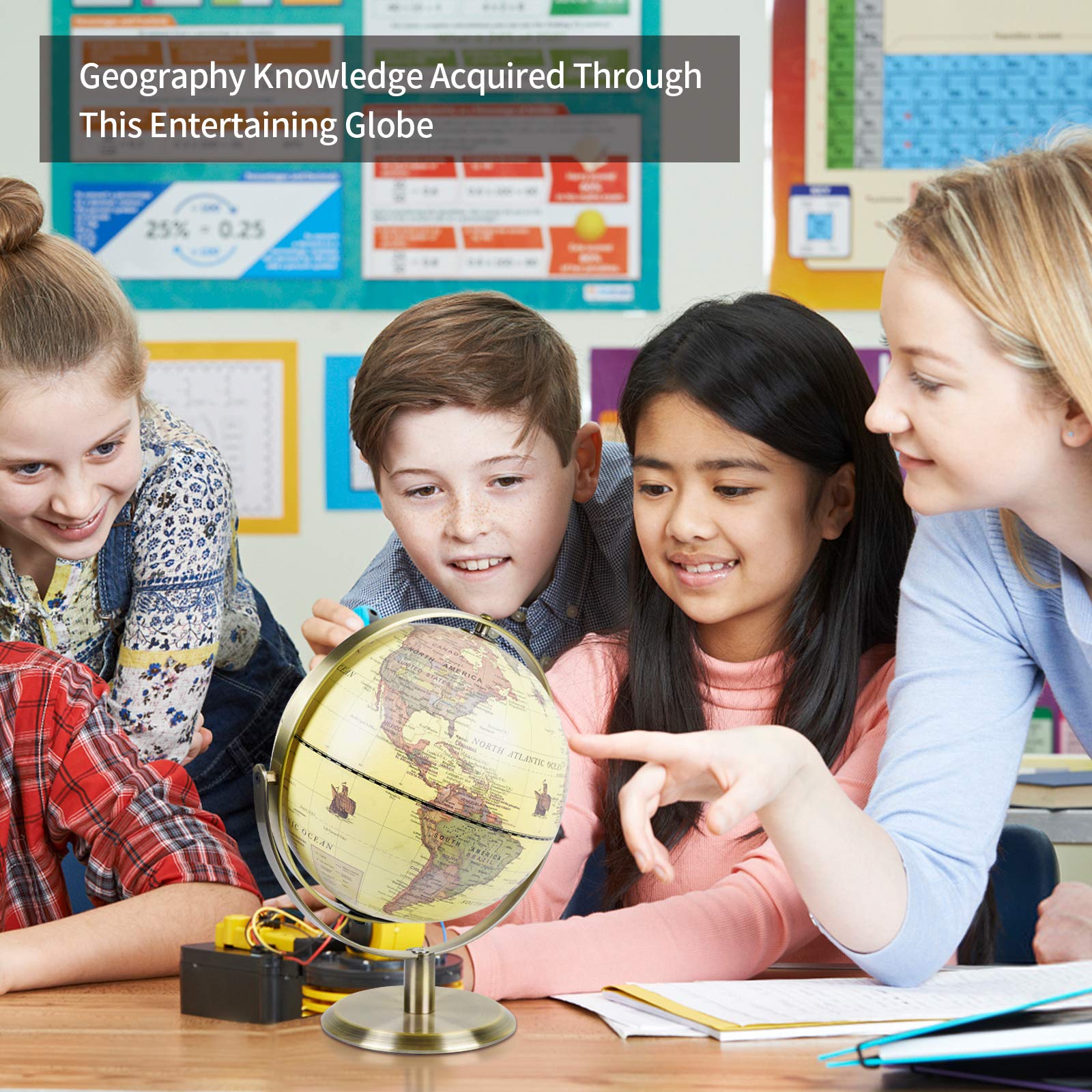 Globes of The World with Stand for Kids 8 Inchs Retro Illuminated Full 720°Rotation World Globe Night Light Built-in LED Decor Interactive Educational Learning Toys for Cafe Home and Office Decoration