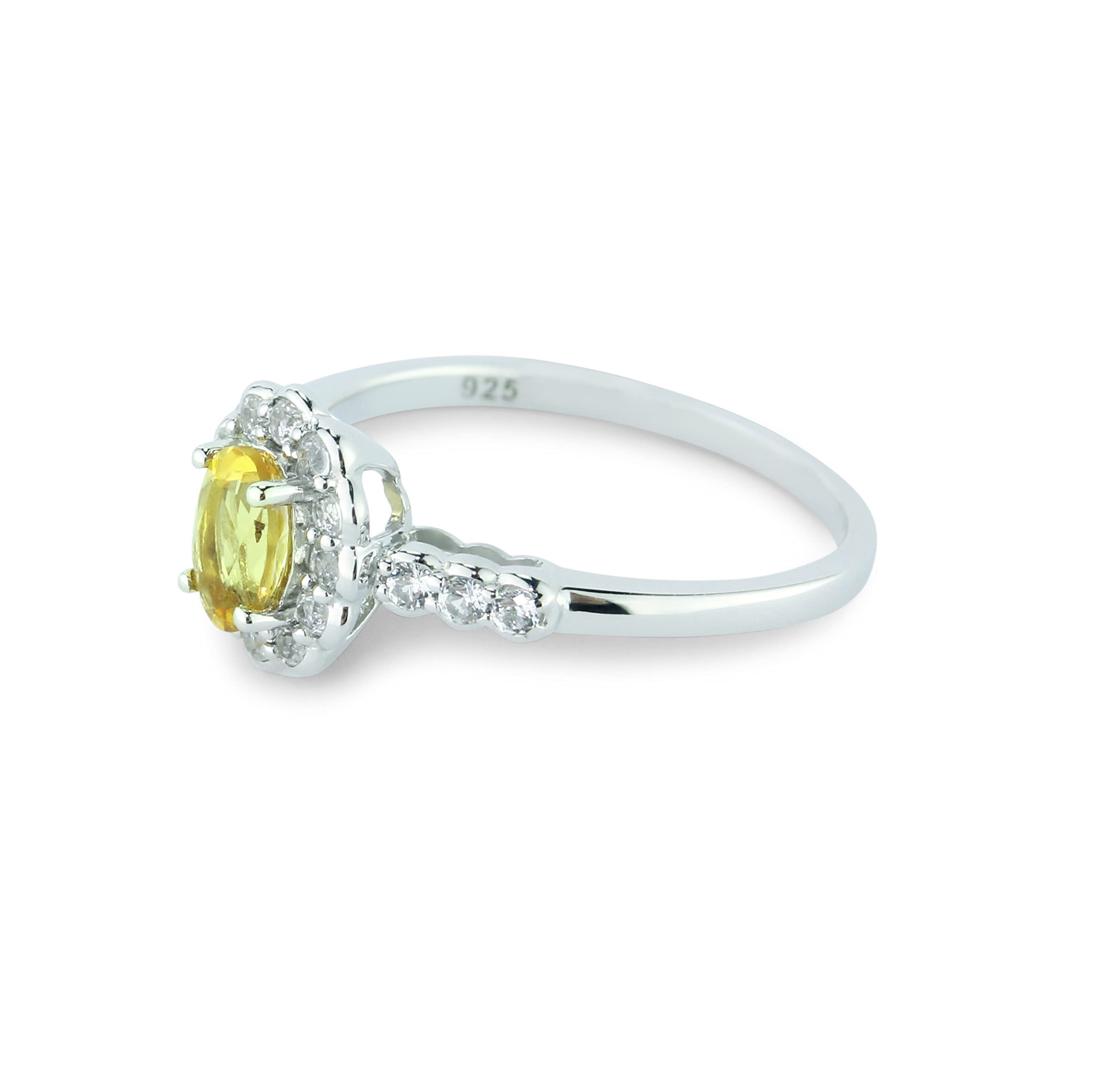 Heartland By Beverley Mitchell .925 Sterling Silver 6X4mm Oval Cut Yellow Citrine & Lab-Created White Sapphire Scalloped Flower Statement Ring - Size 8