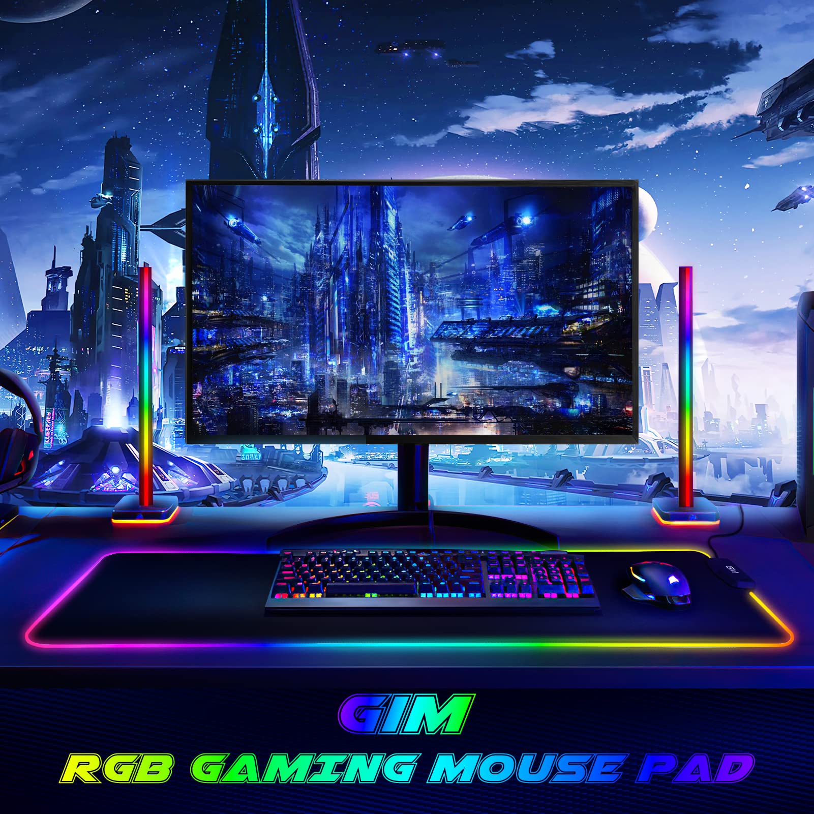 GIM RGB Gaming Mouse Pad, 4 USB Port, 14 Lighting Modes, 5mm Ultra Thick, Oversized Glowing Led Extended Mousepad, Anti-Slip Rubber Base Waterproof Keyboard Mouse Mat 31.5×11.8 inches