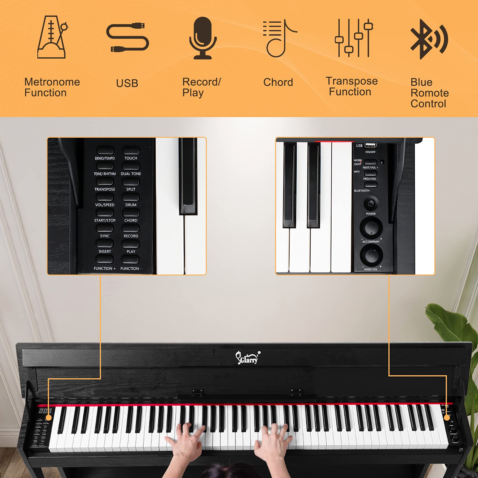 GLARRY 88 Key Home Digital Piano for Beginners, Electric Keyboards Piano MP3/USB/MIDI/Bluetooth Function w/Music Stand, Power Adapter, Triple Pedals, Instruction, Headphone(Black)