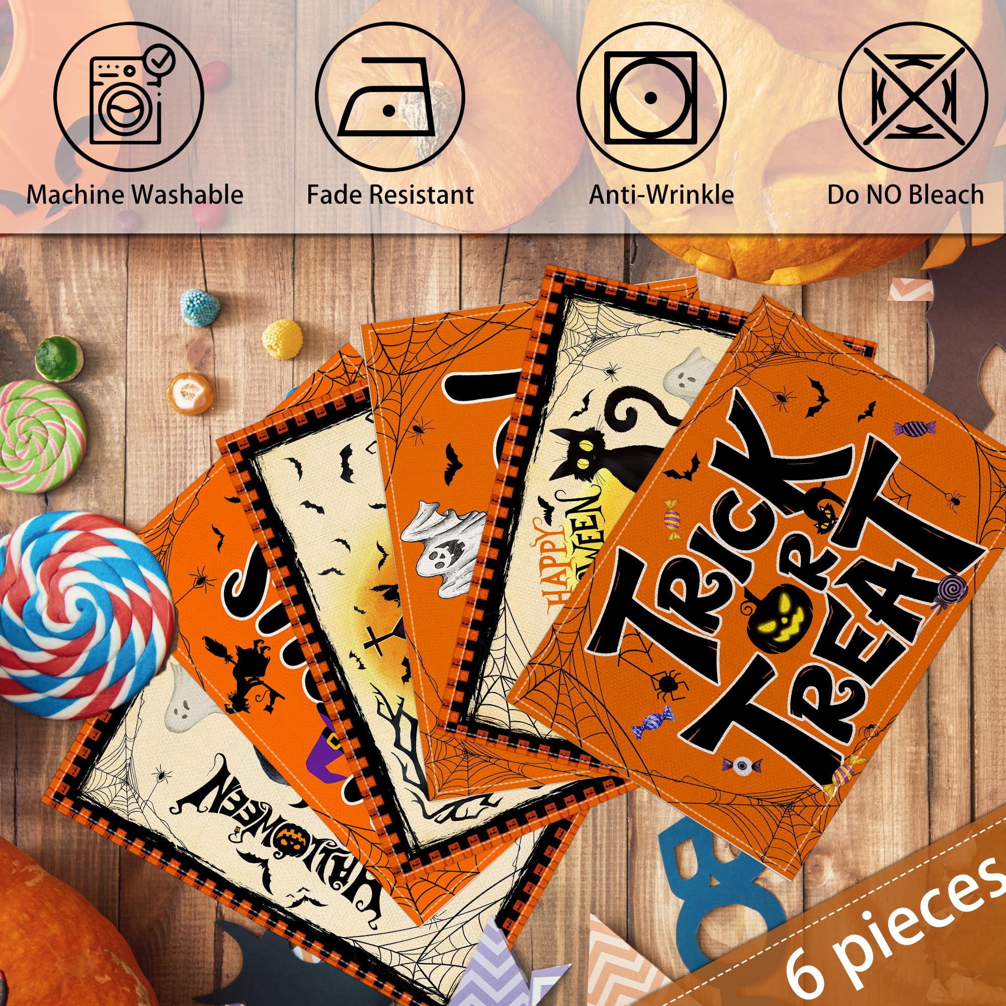 Halloween Placemats Set of 6,12x18 Inch Halloween Decorations Place Mats for Dining Table with Treat or Trick