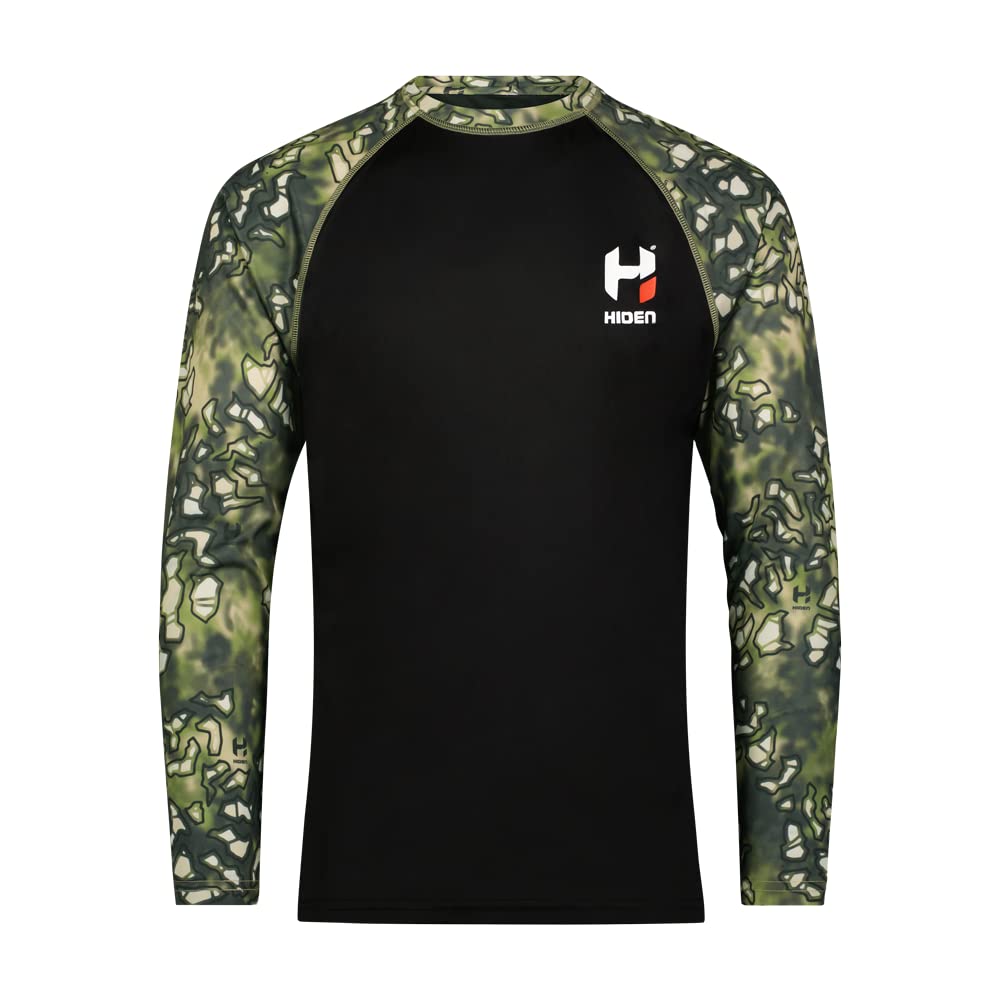 HIDEN Quick Dry Camo Long Sleeve Shirt Men, Black/Backwoods Exile (Forest) Camo