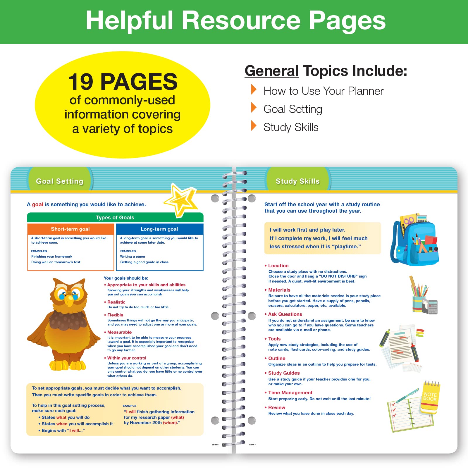 Global Datebooks Dated Elementary Student Planner for Academic Year 2023-2024 Includes Ruler/Bookmark and Planning Stickers (Block Style - 8.5"x11" - Space)
