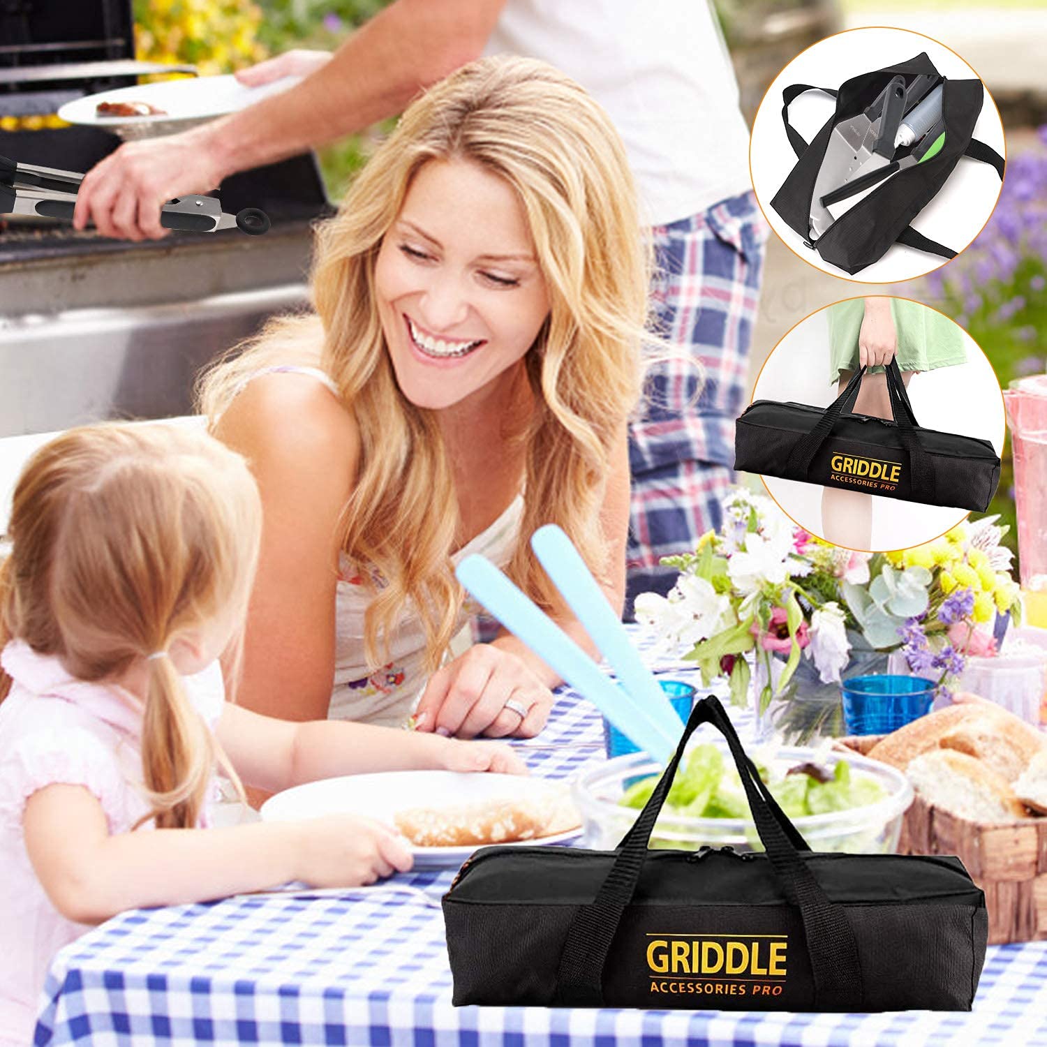 Griddle Accessories Kit, Flat Top Grill Accessories Set for Blackstone and Camp Chef with Basting Cover, Spatula, Scraper, Grill Press, Burger Press, Patty Papers, Carrying Bag for BBQ/Camping