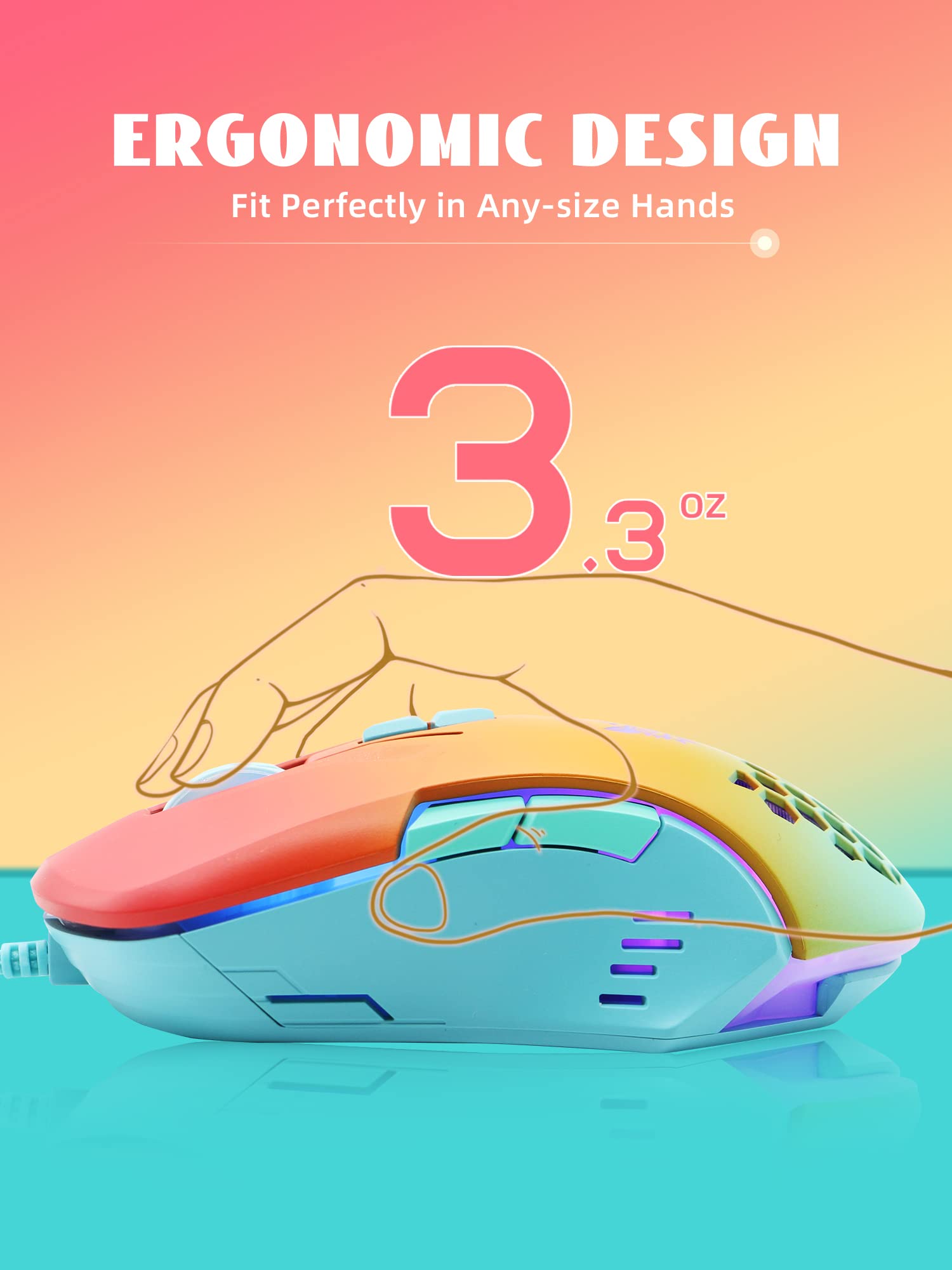 Gaming Mouse Wired, Morandi Gradient RGB LED Wired Gaming Mouse, Ergonomic Plug Play PC Gaming Mice with Honeycomb Shell, 6 Adjustable DPI Up to 6400, USB Pink Mouse for Office/Windows/Mac (MRD CW902)