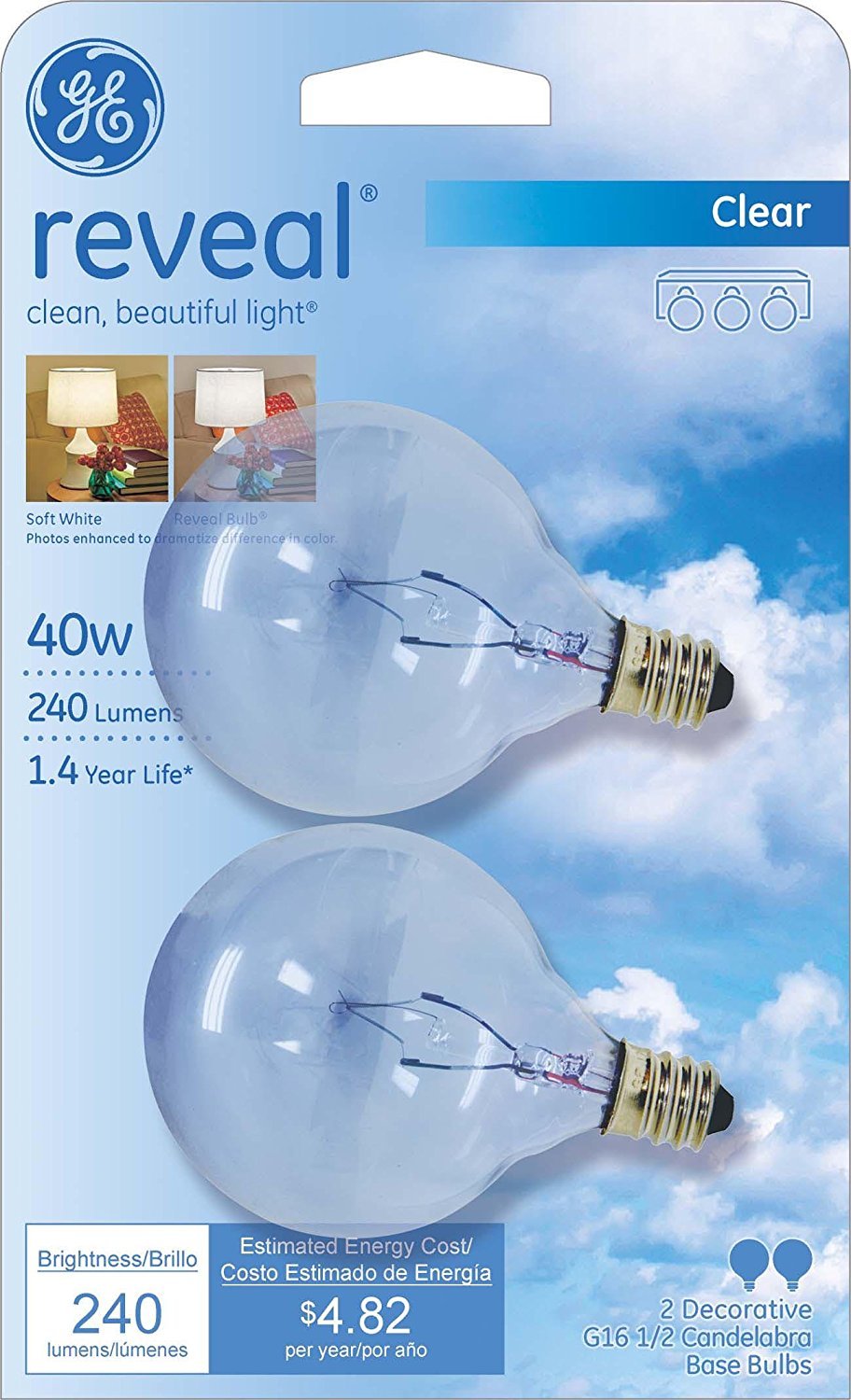 GE Lighting 48704 40-Watt Reveal Candelabra Globe G16.5, 4 Bulbs