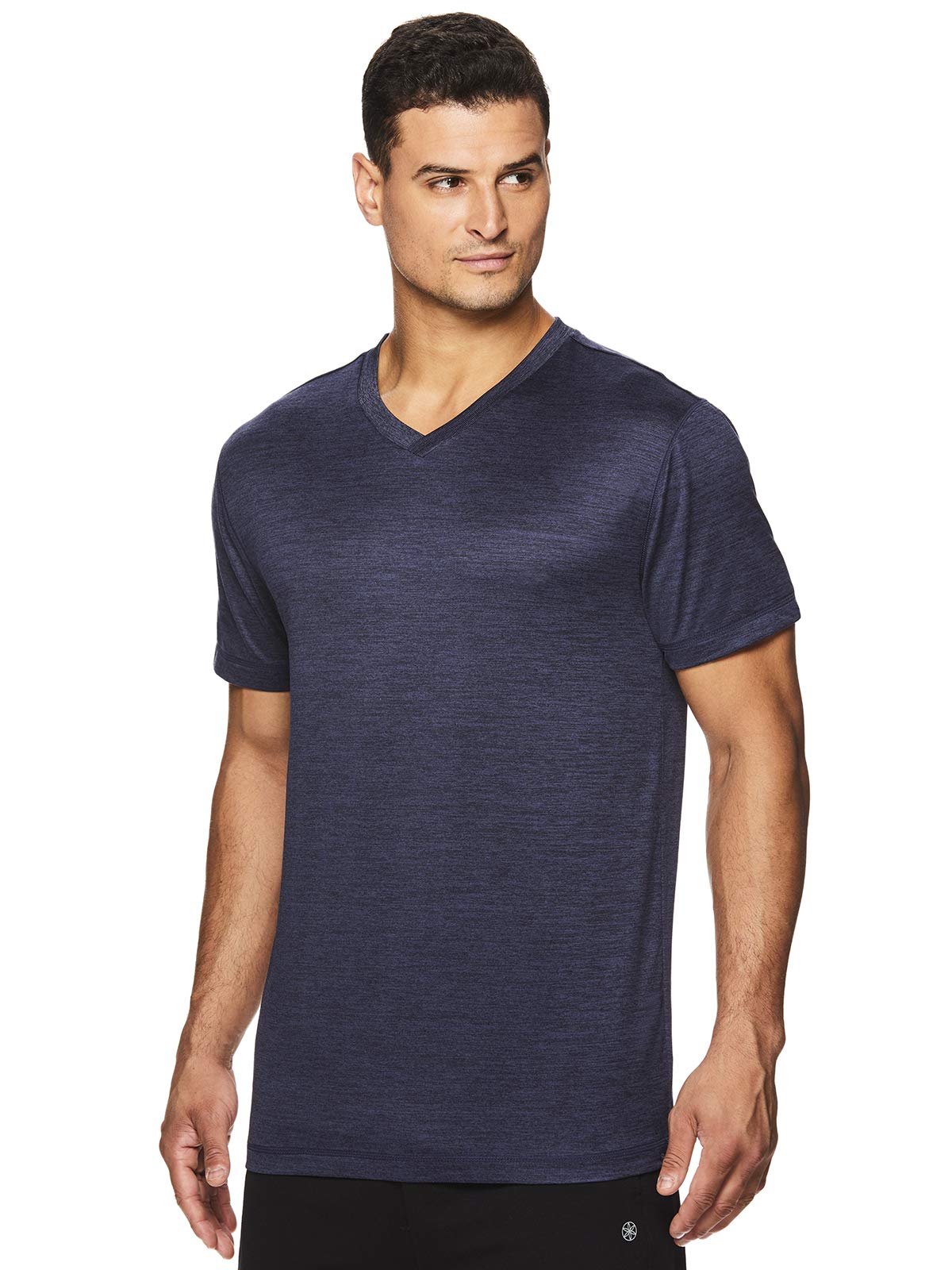 Gaiam Men's Everyday Basic V Neck T Shirt - Short Sleeve Yoga & Workout Top - Everyday Navy Heather, Large