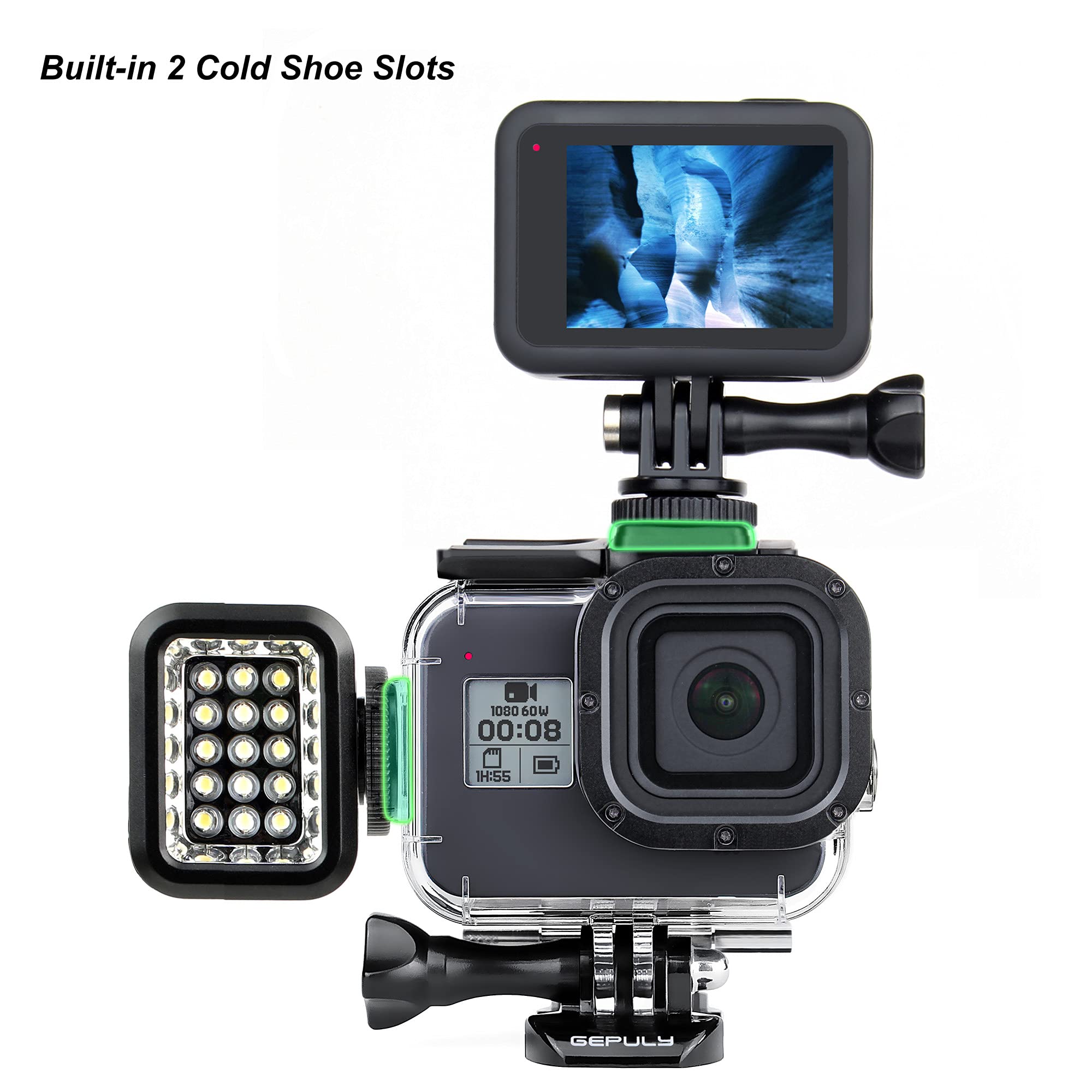 GEPULY Waterproof Housing Case for GoPro Hero 8 Black, 60m Underwater Diving Protective Housing Shell with 2 Cold Shoe Adapter and Bracket Accessories for GoPro Hero 8 Black Camera