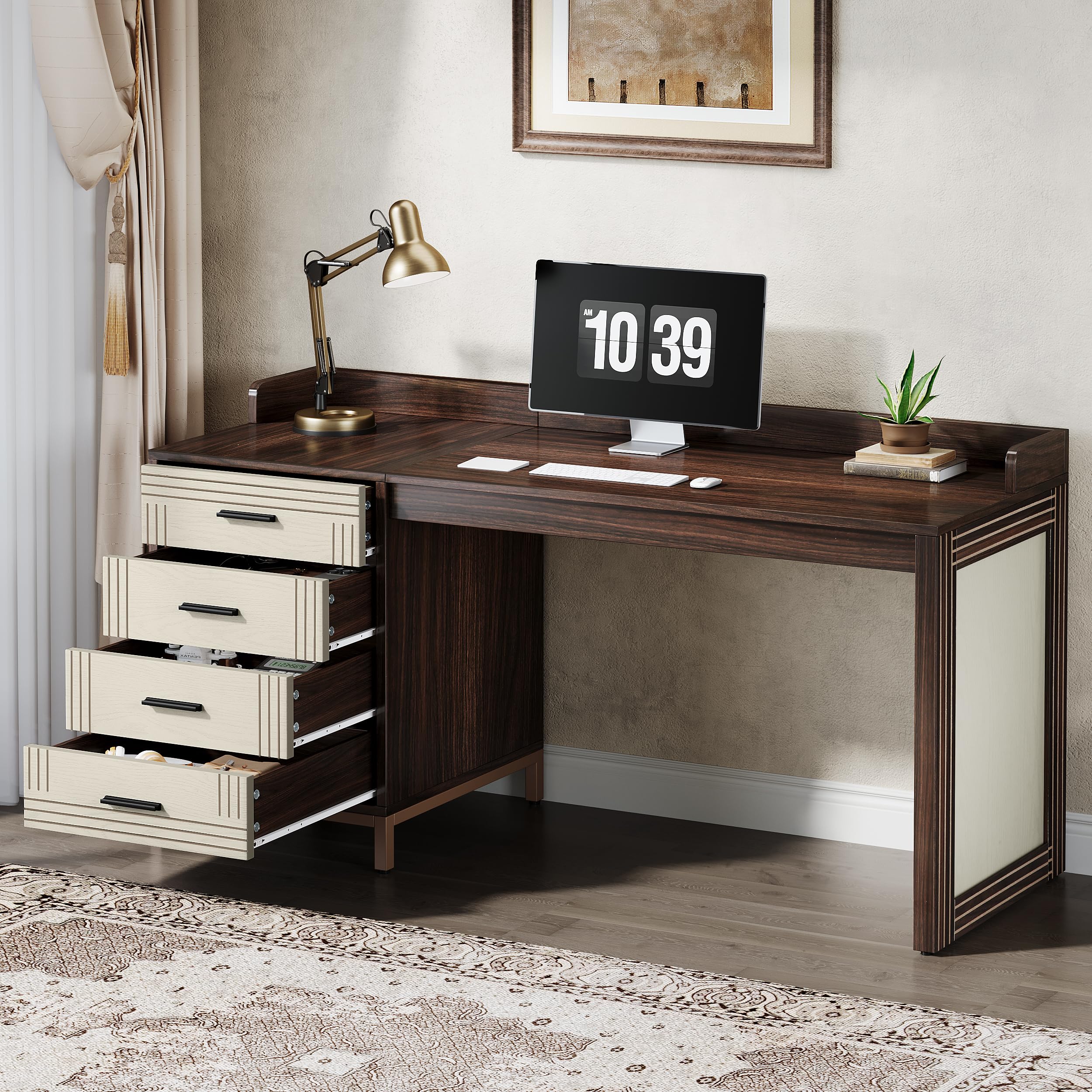 Tribesigns 61-Inch Computer Desk with 4 Drawers, Mid-Century Modern Office Desk with Storage, Wood Study Writing Table for Home Office, Study Room, Bedroom, Brown & Beige