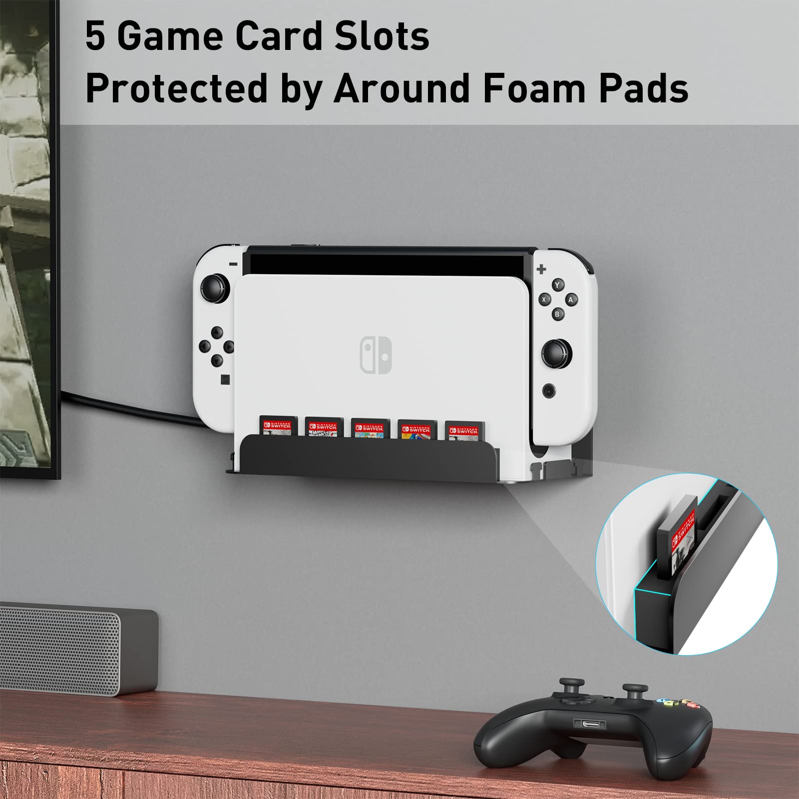 HANTNOOL Upgraded Wall Mount for Switch and Switch OLED, Metal Wall Mount Bracket with Back Airflow Gap Design, 4 Hooks for Joy Cons and 5 Game Card Holders (Black)