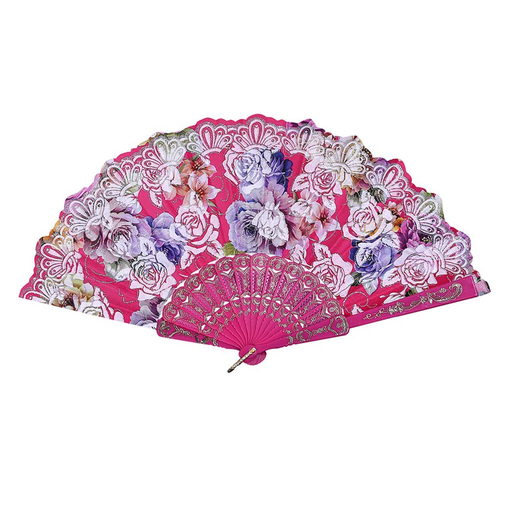 Hand Fans Folding fan Pattern Hand Fan Silk Bamboo Folding Hand Folded For Church Wedding dance party colorful Lace Silk Folding Handmade (Color : C)