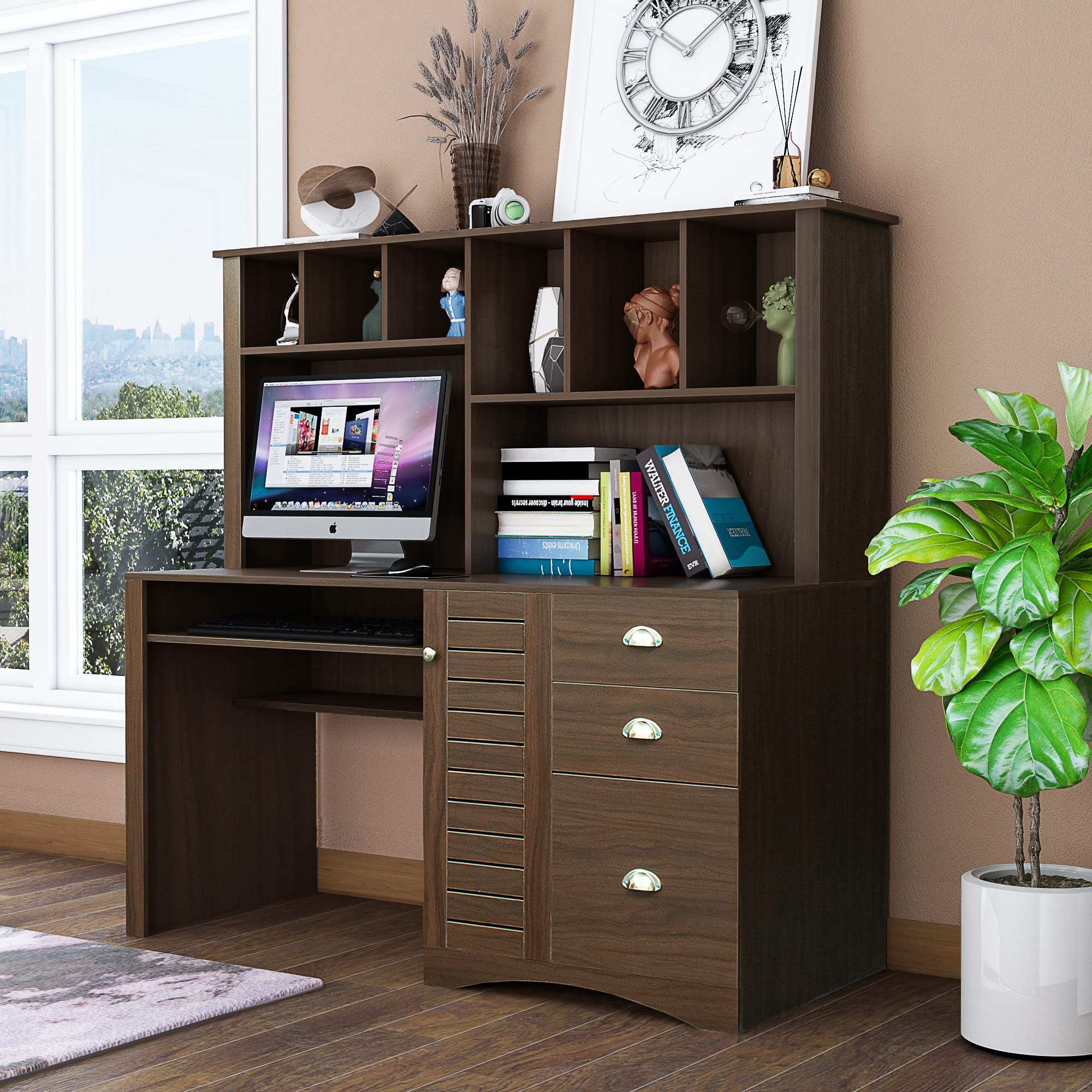 GINGVAT Hutch Style Home Computer Desk with Shelves and 3 Large Drawers,Slid Keyboard Tray,for Study, Bedroom, Living Room and Office, Walnut