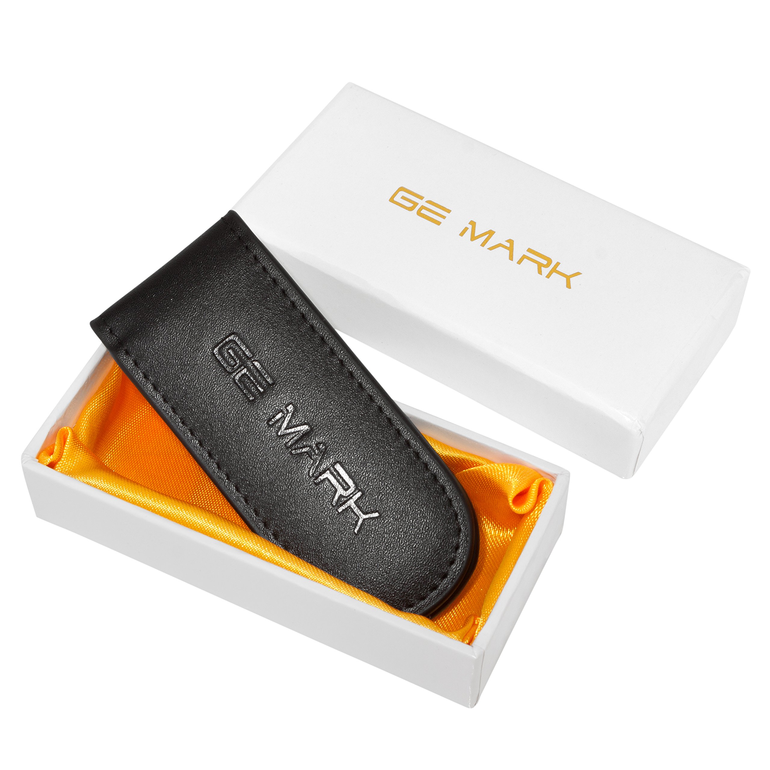 GE MARK Leather Money Clip - Strong Magnets Holds 30 banknotes - for Men - Cash & Card - Gift Box(black)