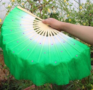 Hand Fans Folding fan 2pcs Chinese Short Bellydance Fan 30cm Bamboo+10cm Half Circle Silk Veil Pairs Yangko Dance Bamboo Fans Hand Dye Adults (Color : MULTI, Size : Right left hand)