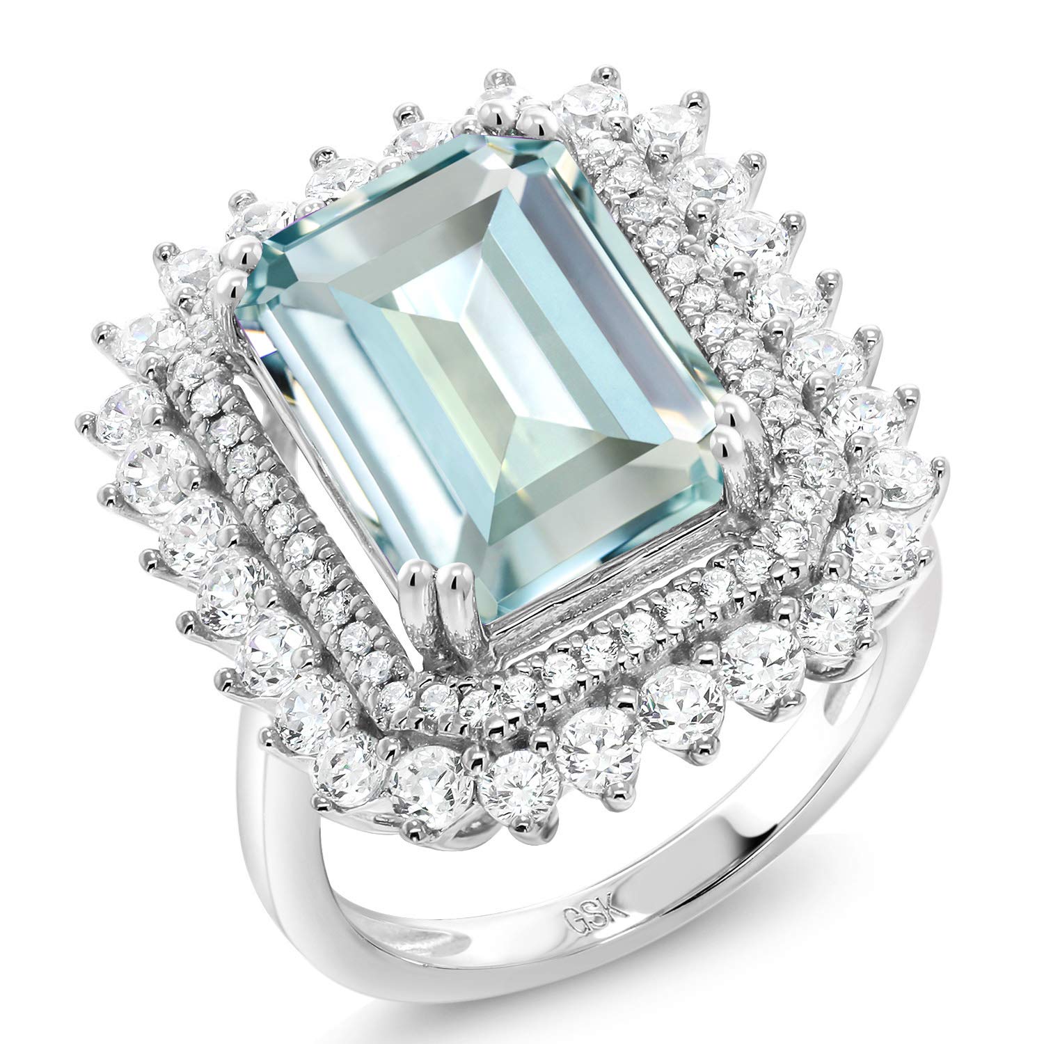 Gem Stone King 925 Sterling Silver Sky Blue Simulated Aquamarine Ring For Women (7.24 Cttw, Emerald Cut 14X10MM, Available In Size 5, 6, 7, 8, 9)