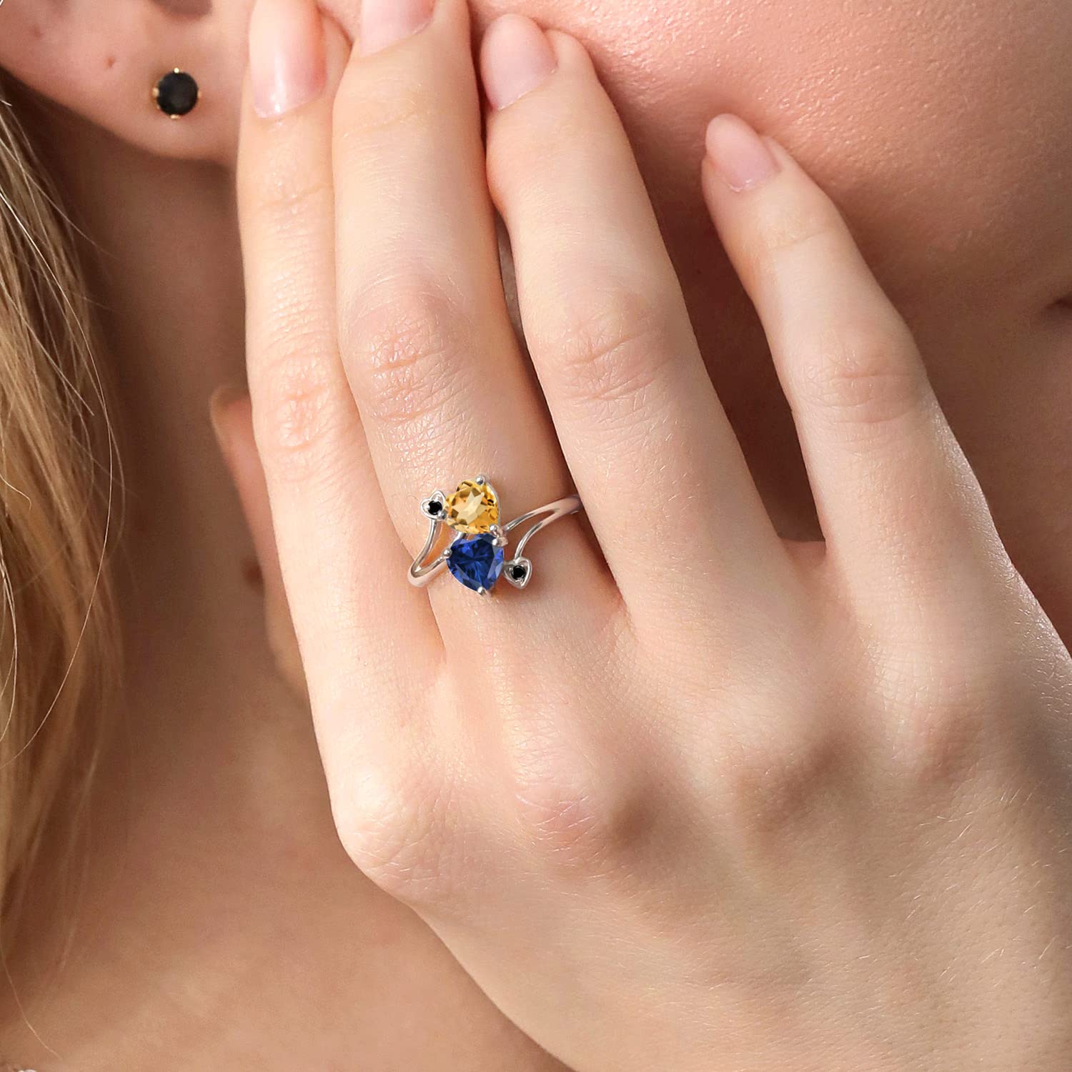 Gem Stone King 1.53 Ct Heart Shape Citrine Blue Created Sapphire 10K White Gold Diamond Accent Ring (Size 9)