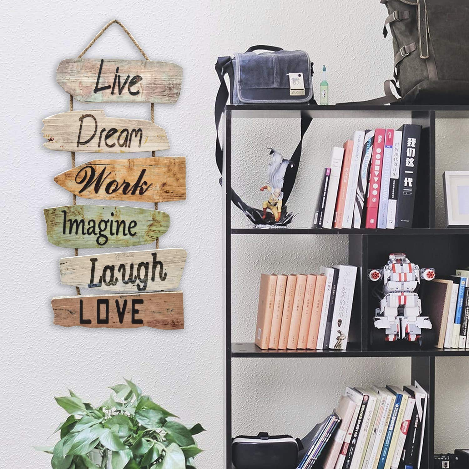Hanging Wall Sign Rustic Wooden Wall Sign (Live, Dream, Work, Imagine, Laugh, Love) Wood Wall Decoration for Home Decor