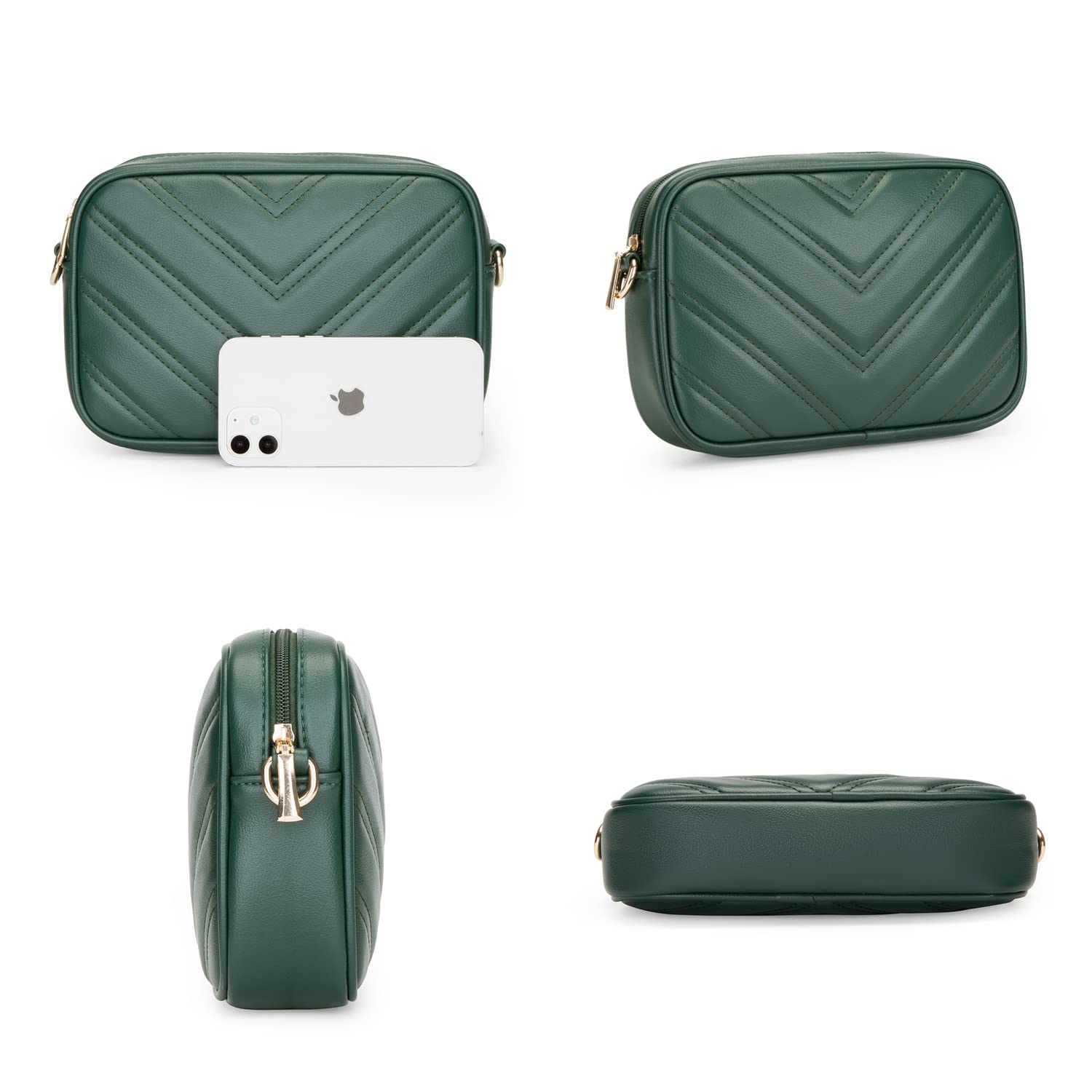 Herald Chevron Quilted Small Crossbody Bag with Coin Purse Pouch Women Square Snapshot Camera Side Shoulder 2 Size Handbag (Green)