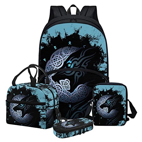 gearider Blue Viking Celtic Knot Wolf Backpack with Lunch Box Set anda Pencil Case Messager Bag Child Bookbag
