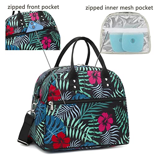 FlowFly Insulated Lunch Bag With Shoulder Strap for Women, Men, and Kids, Large and Reusable, Handle, Freezable Work and School Travel Tote and Meal Prep Organizer,Black#Leaf