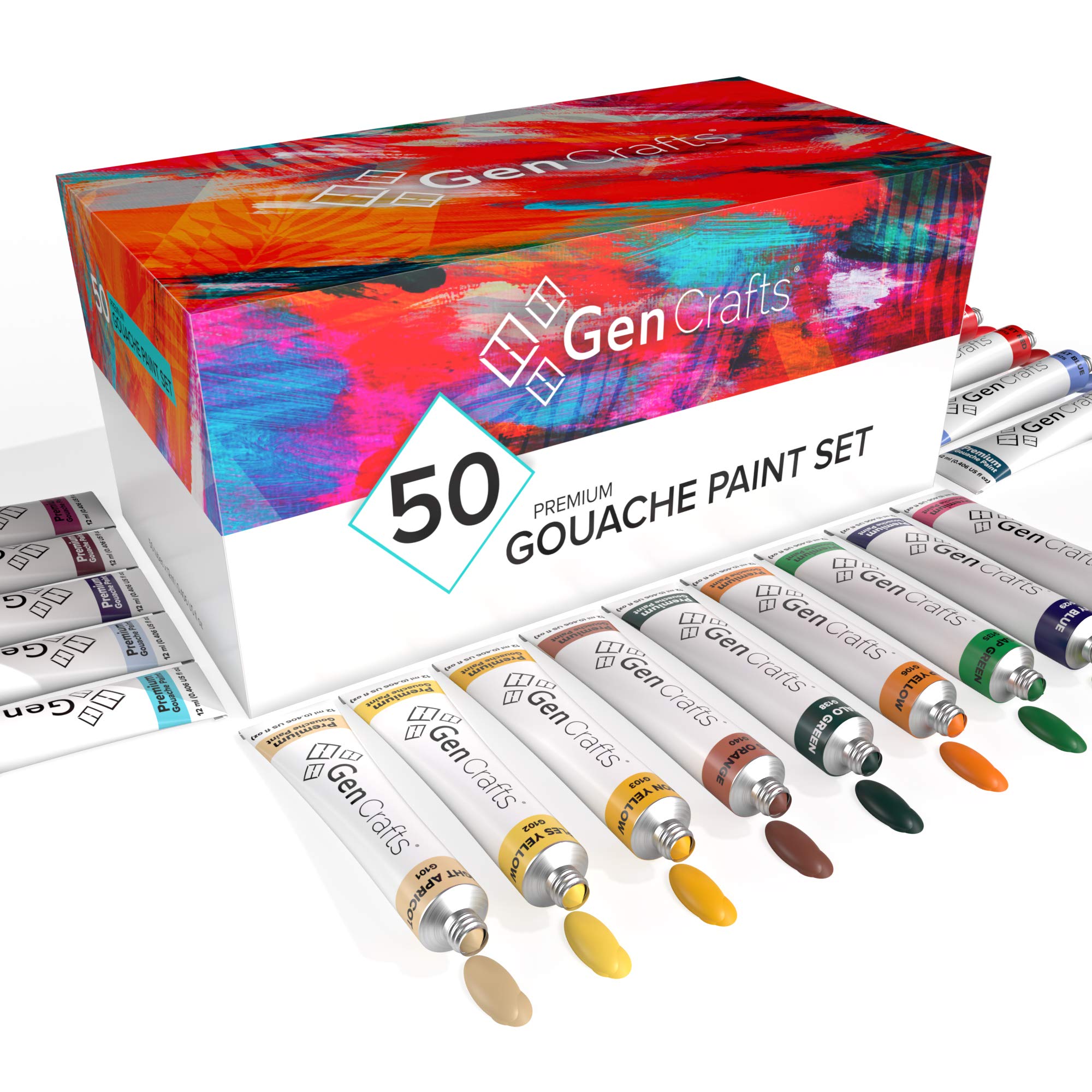 GenCrafts Gouache Paint 24 Colors 12 ml/ 0.406 oz. - Quality Non Toxic Pigment Paints for Canvas, Fabric, Crafts, and More