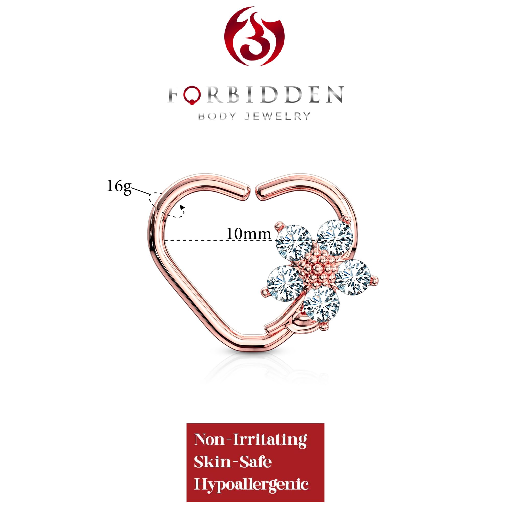 Forbidden Body Jewelry Rose Gold Plated Heart w/CZ Flower Daith & Cartilage Hoop Earring (Left Ear)