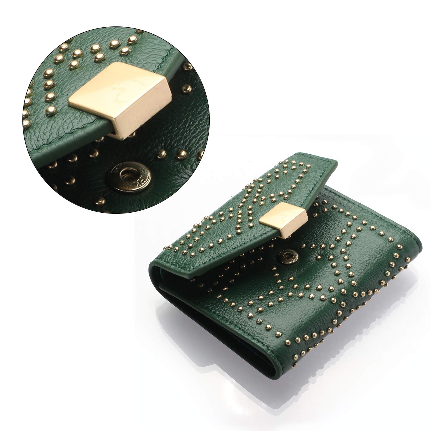 Genuine Leather Wallet for Women, Rivet Studded Money Organizer, Smart Leather Credit Card Case, Multipurpose Small Purse (Dark Green)