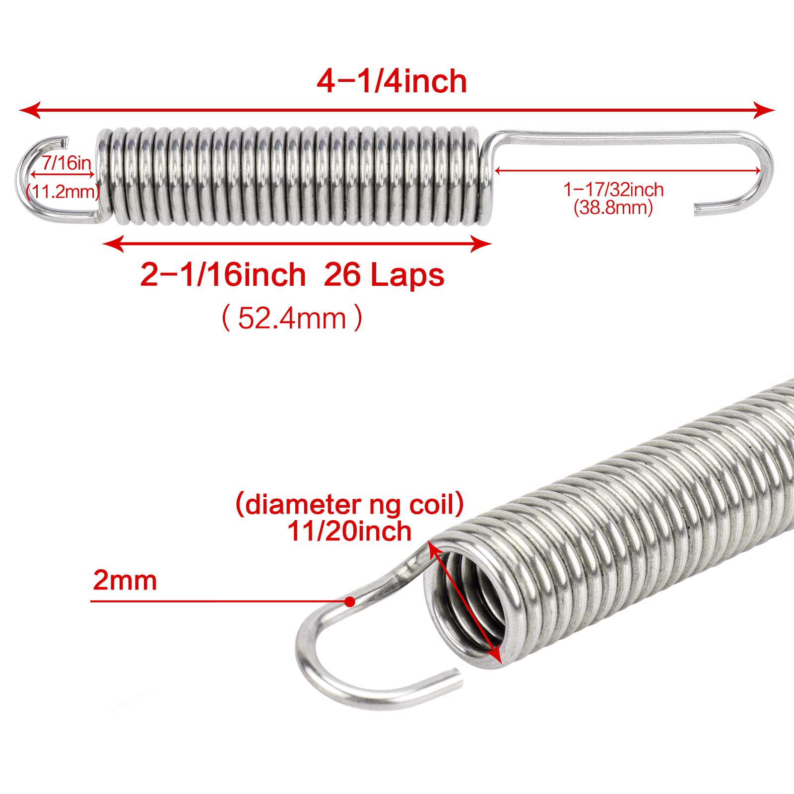 GNPADR 4-1/4inch (2Pcs) Stainless Steel Replacement Recliner Sofa Chair Mechanism Tension Spring - Long Neck Hook Style