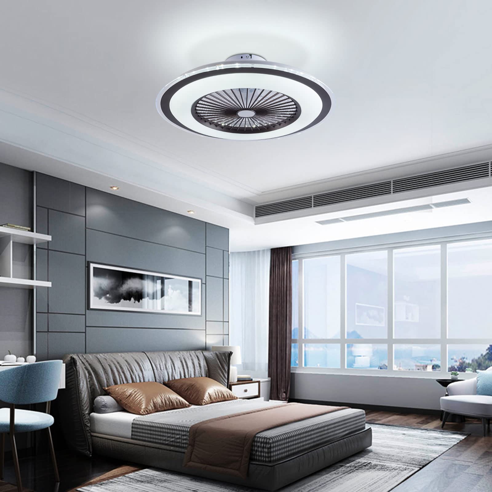 Gdrasuya10 Flush Mount Ceiling Fan with Lights Remote Control 23inch Bladeless Ceiling Fandelier Lighting SMD LED Invisible Low Profile Ceiling Fans Dimmable 3 Color 3 Speed Time Setting (Brown)