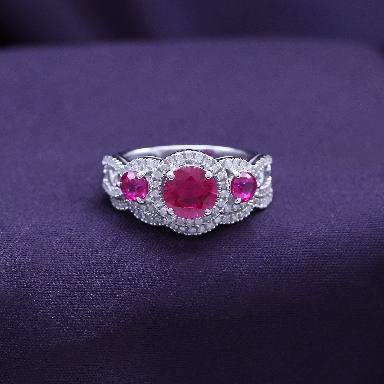 GEMVIO Collection Three Stone Ring, Round Cut Lab Created Ruby Gemstone & Natural Diamond Halo Bridal Set Engagement Ring In 14K White Gold Over Sterling Silver Wedding Band Ring-8