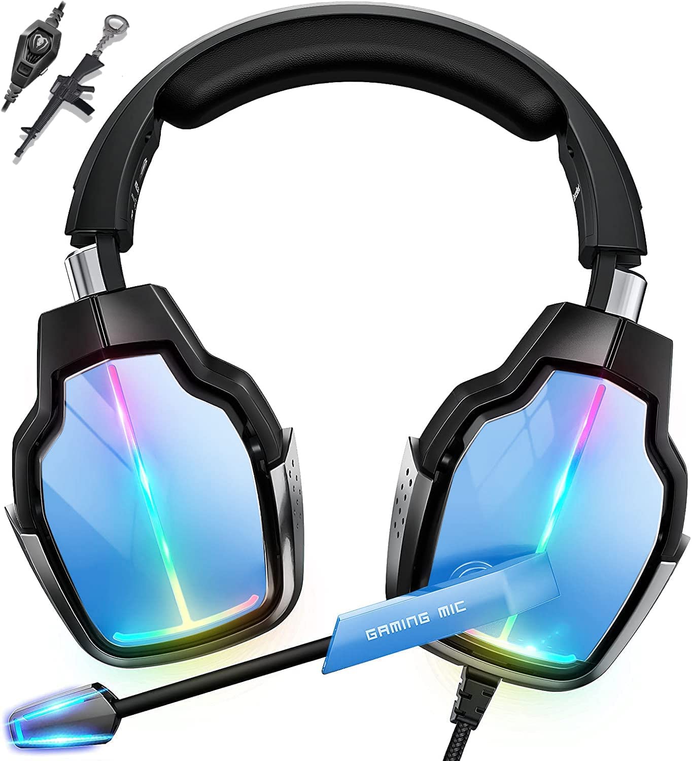 Gaming Headset for PS4 Xbox One Controller Laptop Mac Over-Ear Gaming Headphones with Microphone RGB Light Noise Cancelling & Volume Control Gaming Headphones with Microphone for PC (W/3.55mm Cable)