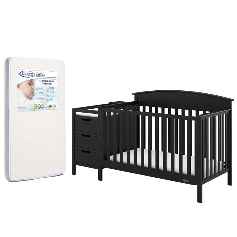 Home Square 2-Piece Set with 5 in 1 Crib & 2-in-1 Crib Mattress in Black