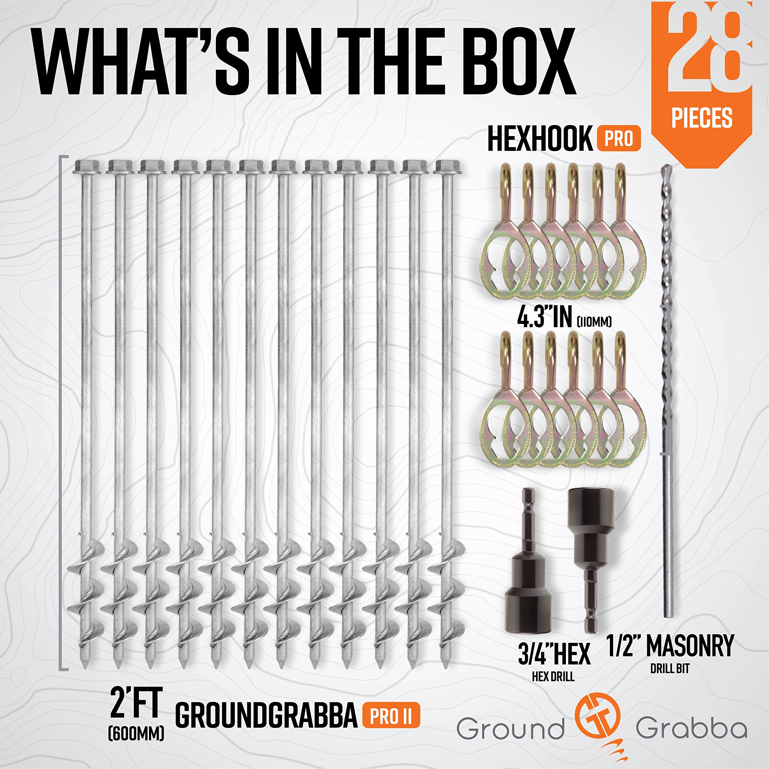 GROUNDGRABBA Ground Anchor Screw Kit - 28pc - Extra Depth Ground Anchors Heavy Duty for High Winds | Ground Anchor Kit for Swing Sets | Screw in Anchor for Pop-UP Canopy, Tents and More