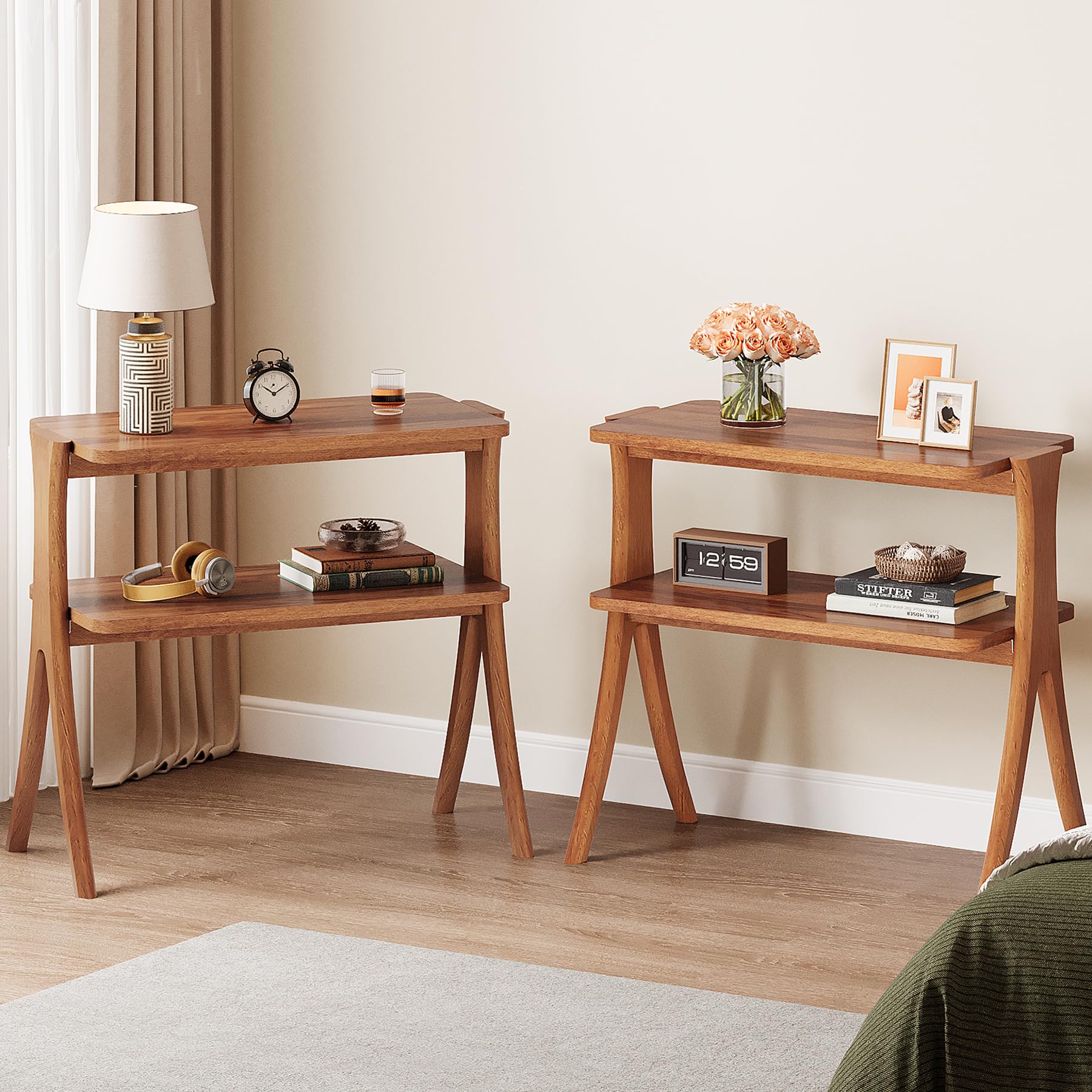 Tribesigns Narrow Side Table for Living Room, Farmhouse End Table with 2-Tier Storage Shelf and Solid Wood Legs, Slim Modern Bedside Table Nightstand for Bedroom, Small Spaces, Entryway, Walnut (2)