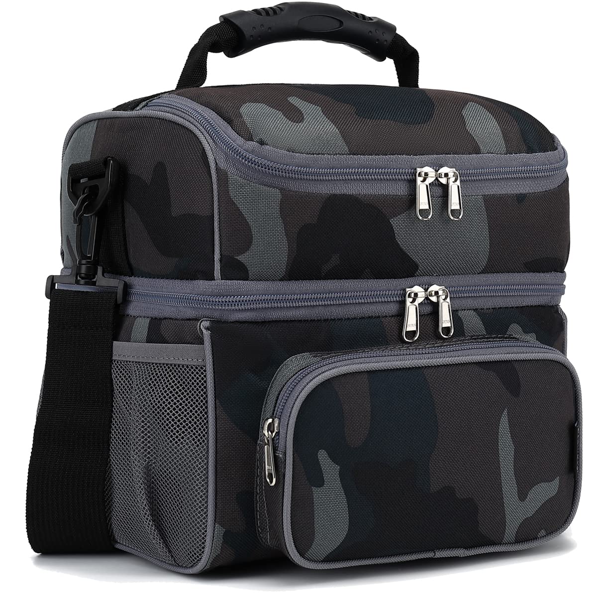 FlowFly Double Layer Cooler Insulated Lunch Bag Adult Lunch Box Large Tote Bag for Men, Women, With Adjustable Strap,Front Pocket and Dual Large Mesh Side Pockets,Black Camo