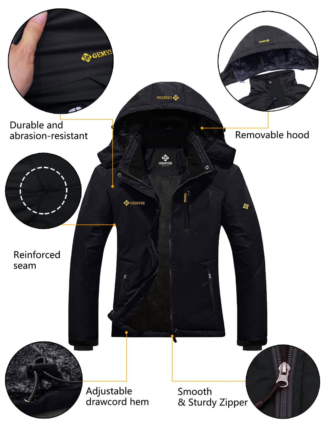 GEMYSE Women's Mountain Waterproof Ski Jacket Windproof Snow Coat With Hood (Black-J,X-Large)