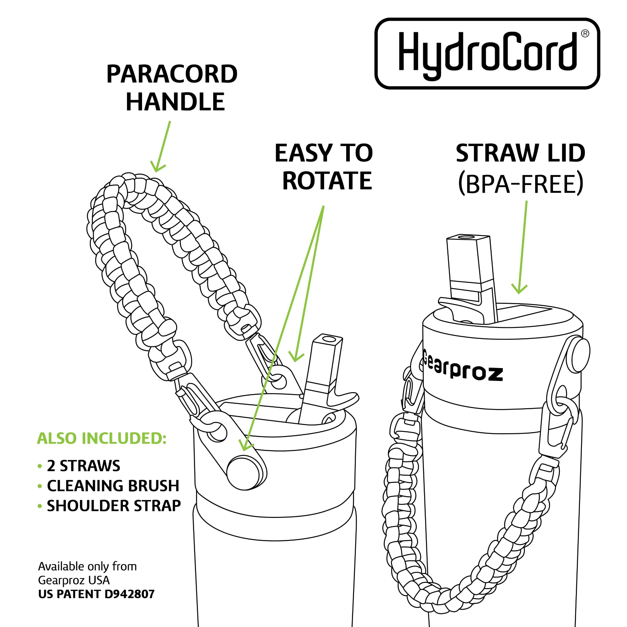 Gearproz Handle Compatible with Hydro Flask, Takeya, Thermoflask Bottle, Wide Mouth Straw Lid, Paracord Strap (Black)
