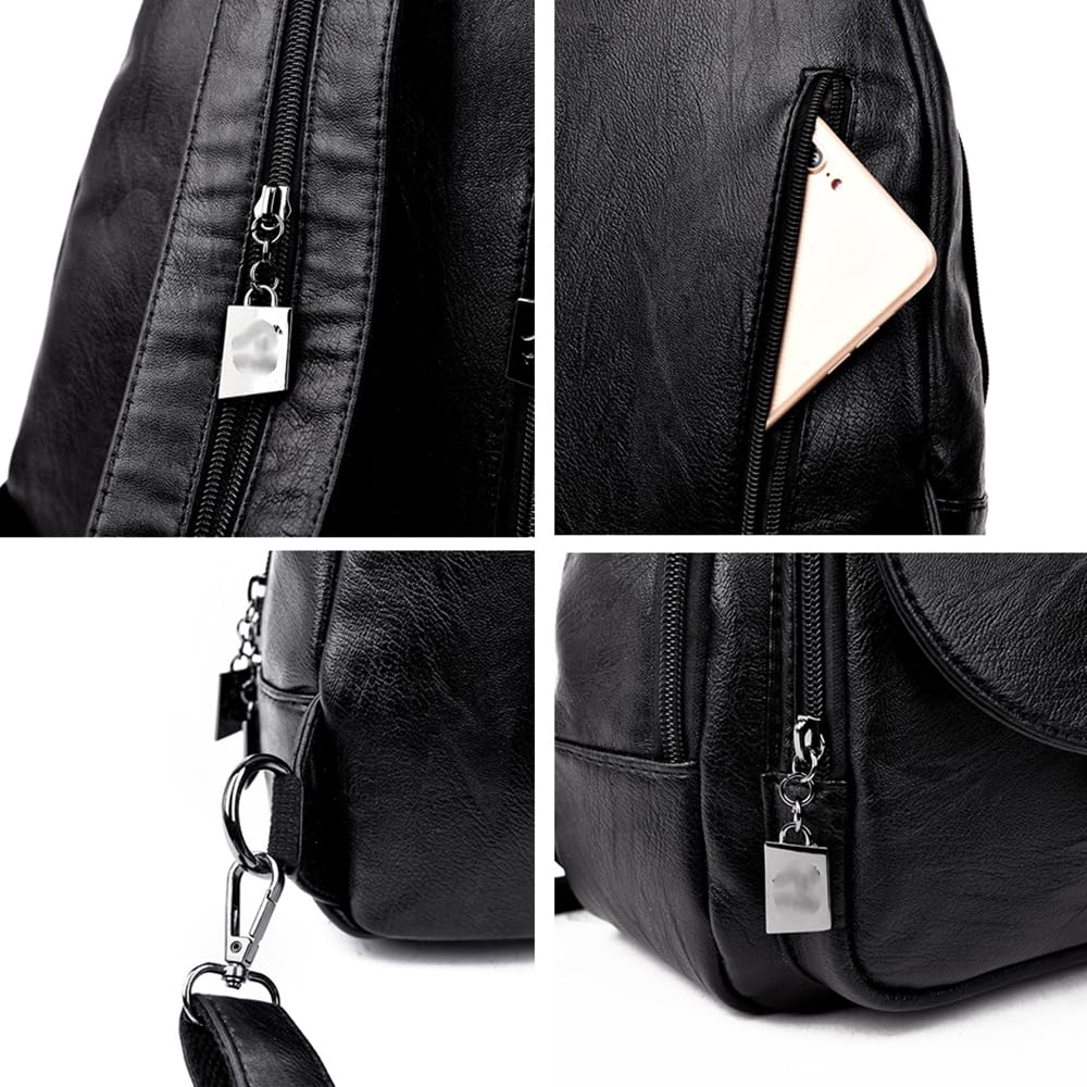 GJGJTER Women Backpack Purse PU Leather Fashion Daypack Multiple pockets Shoulder Bag Shoulder Strap with Zipper Closure-Black