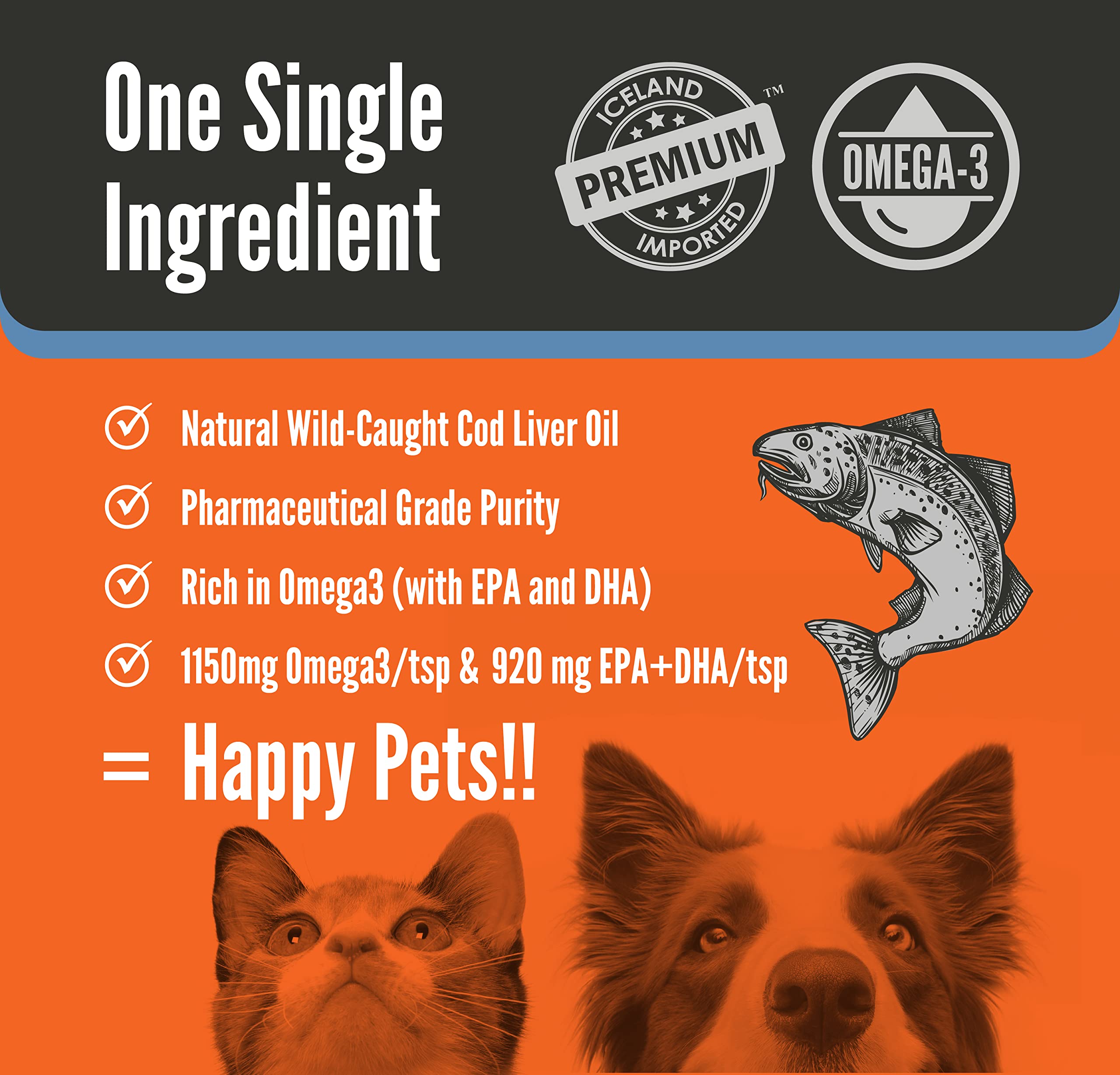 Wild Caught Pure Cod Liver Oil 16oz Highest Omega 3 1150mg/tsp, Highest Purity, High EPA/DHA, Vitamin A & D - Reduces Itching, Healthy Skin & Coat, Mobility, BPA-Free, Pump incl.