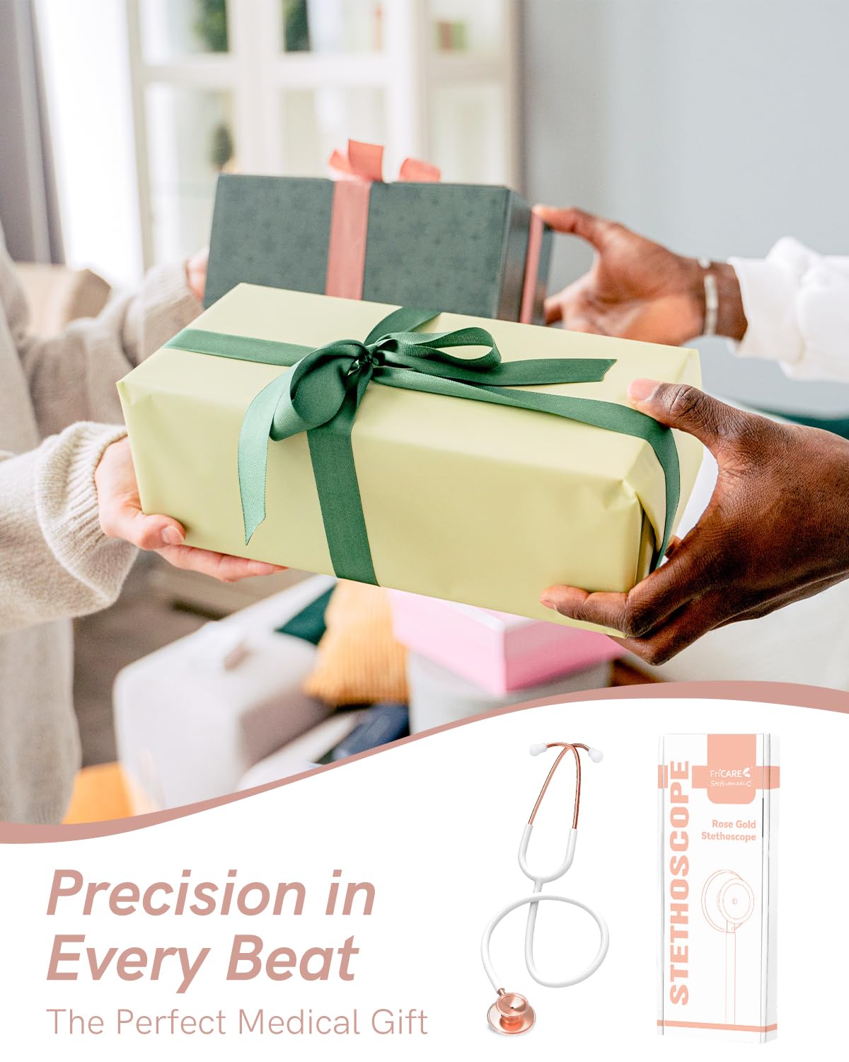 FriCARE Rose Gold Stethoscope - Gorgeous Stethoscopes for Nurses, RN, Nursing School Students - Dual Head Estetoscopio for Professionals, StethoMedic Essentials, Nurses Day Gift, White Tubing, 29 inch