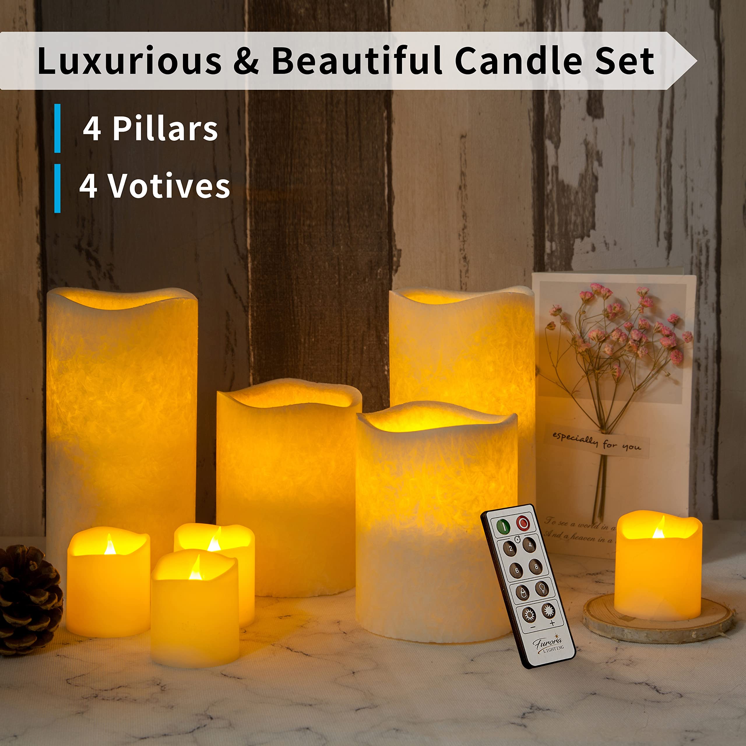 Furora LIGHTING Ivory Crystallized Real Wax Flickering Candles with Remote and Timer, 4 Pillars and 4 Votives Pack of 8 for Home Décor, Battery Included